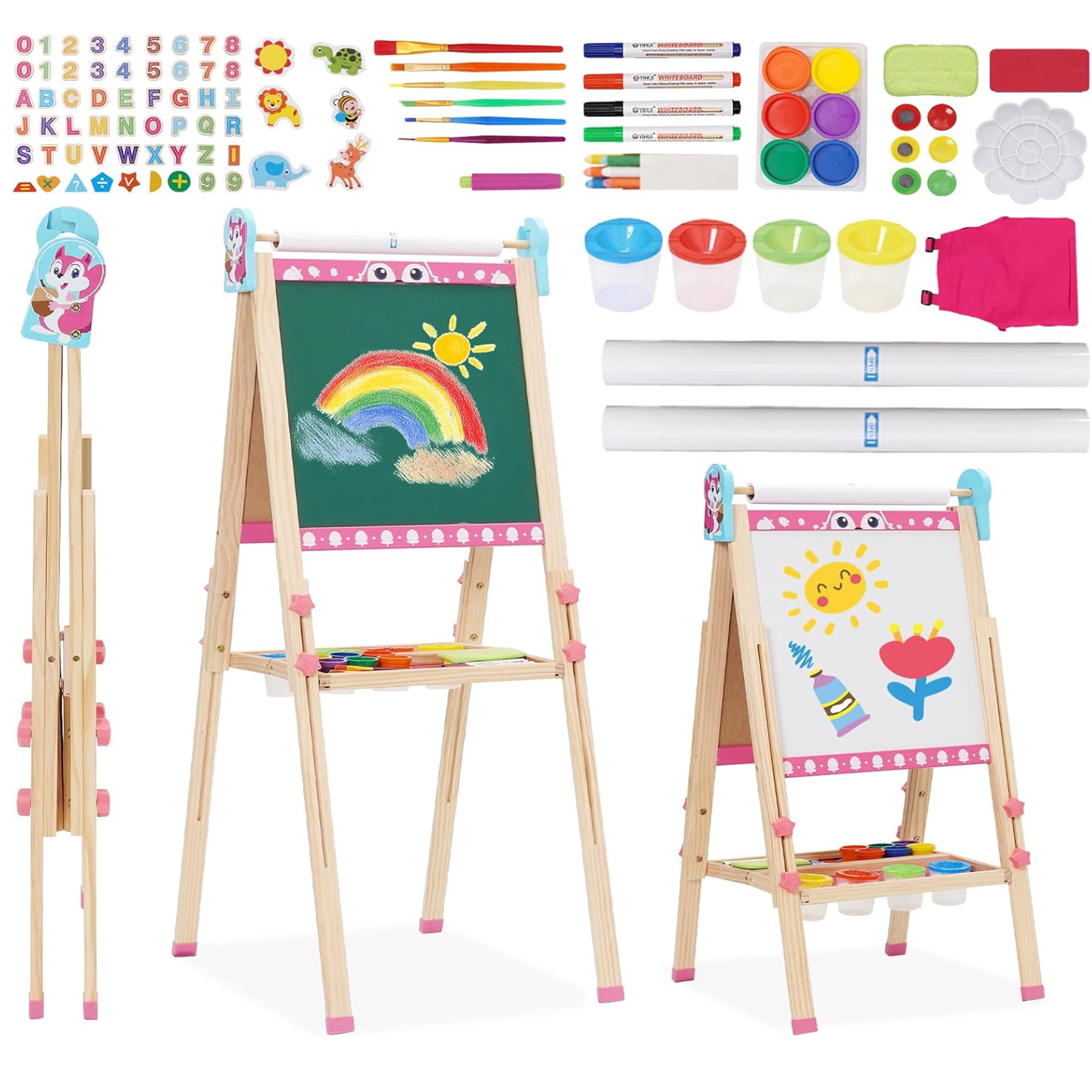 Ealing Kids Easel with Paper Roll Wooden Standing Easel Foldable Double ...