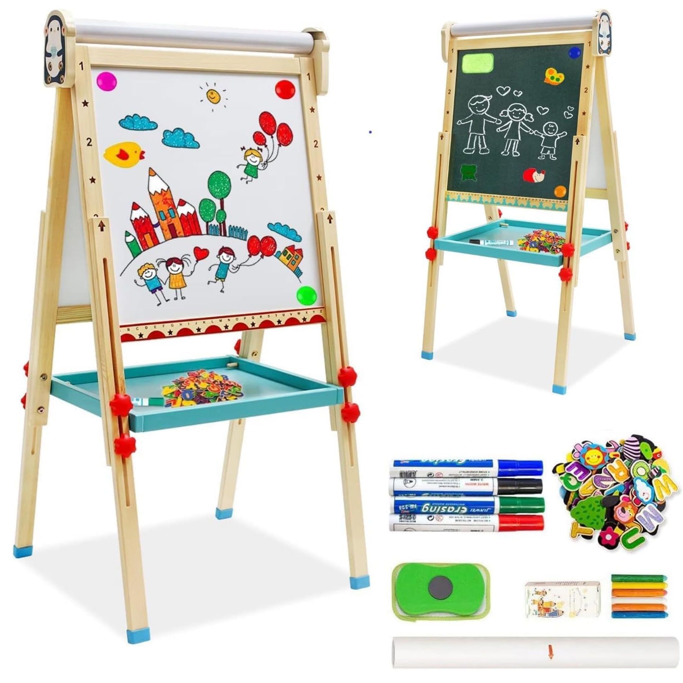 Kids Magnetic Easel with Paper Roll, Double-Sided Board, Alphabet ...