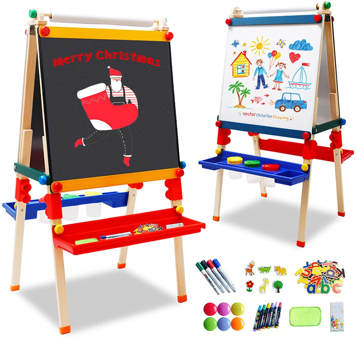 Ealing Kids' Double-Sided Wooden Art Easel with Adjustable Stand and Paper Roll - Walmart.com