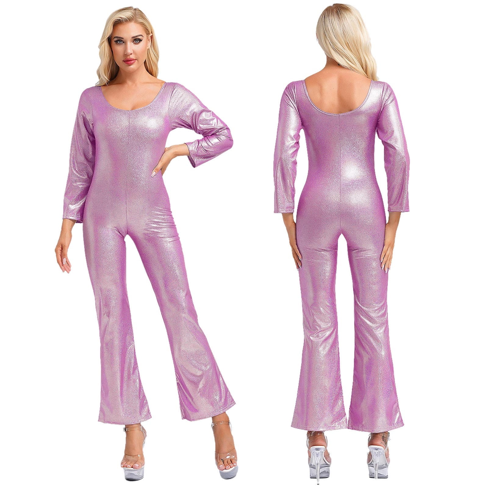 Eandarui Adult 70s Disco Outfits for Women's Glittering Flared Jumpsuit ...