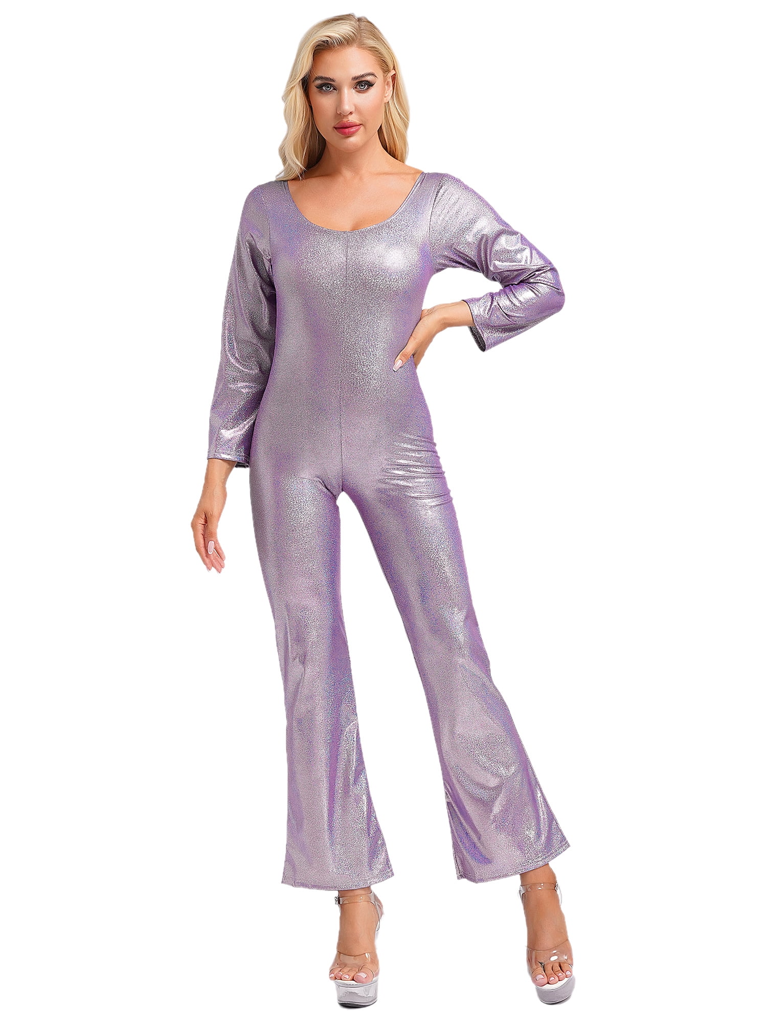 Eandarui Adult 70s Disco Outfits for Women's Glittering Flared Jumpsuit ...