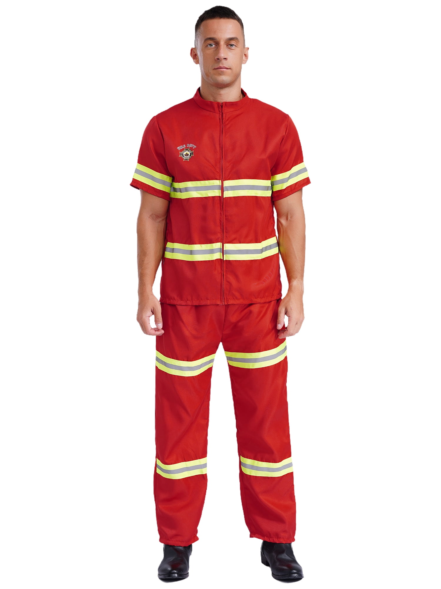 Eandarui Adult Red Fire Fighter Costume Mens 4 Pcs Plastic Helmet Short ...