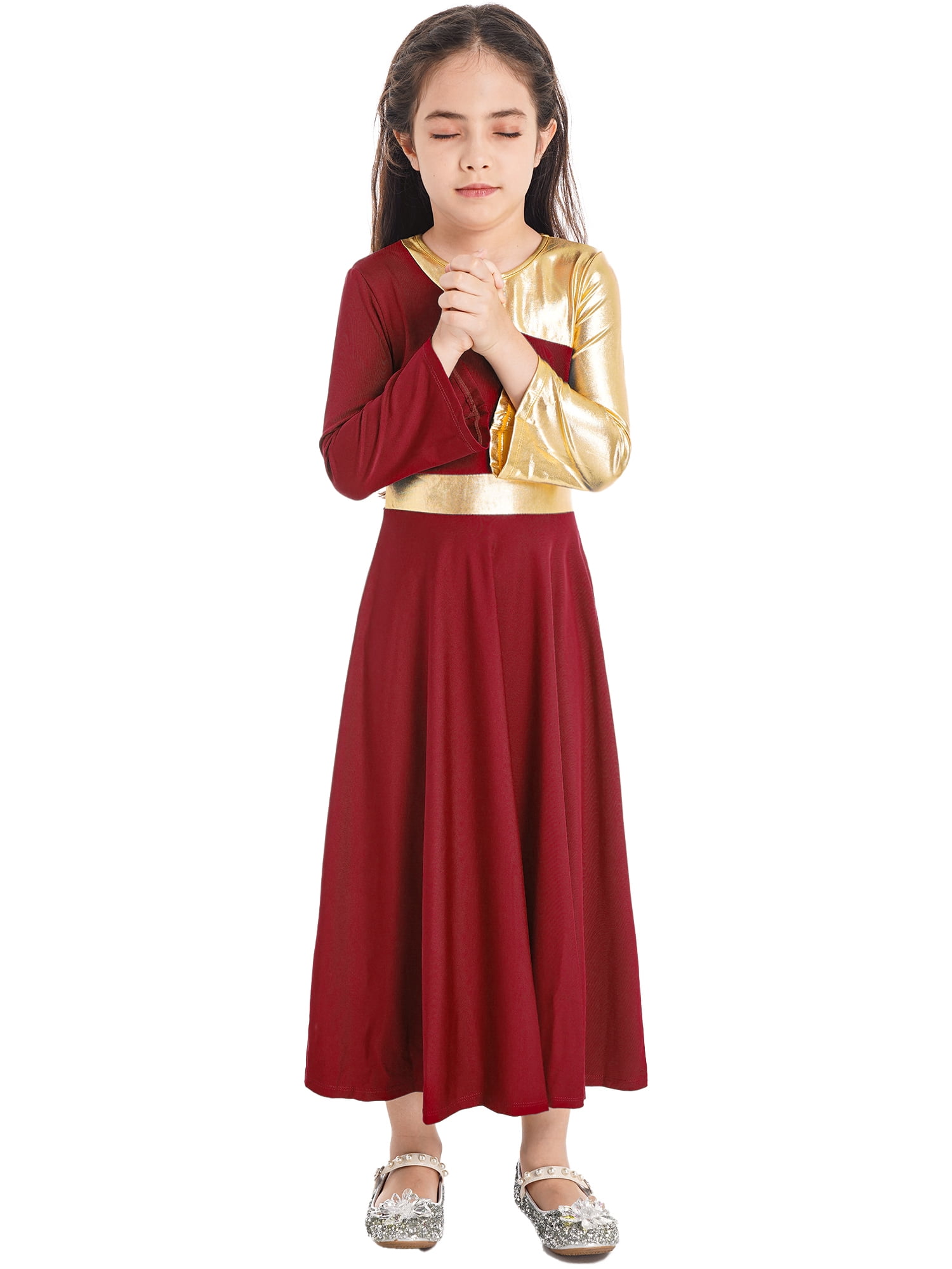 Eandarui Girl's Metallic Gold Color Block Praise Dance Dress Liturgical ...