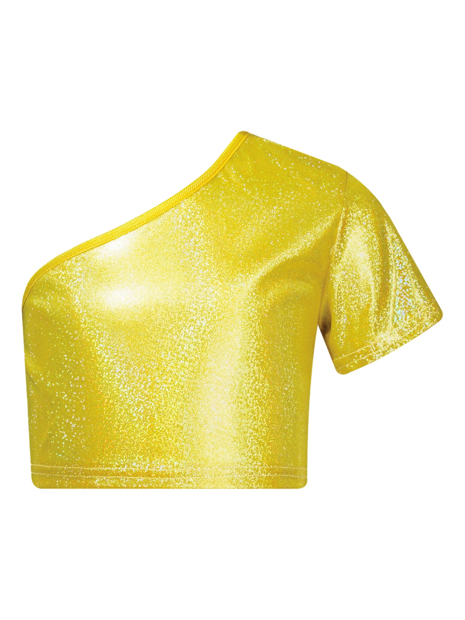 Eandarui Kids Girls One Shoulder Short Sleeve Dance Crop Top Shiny ...