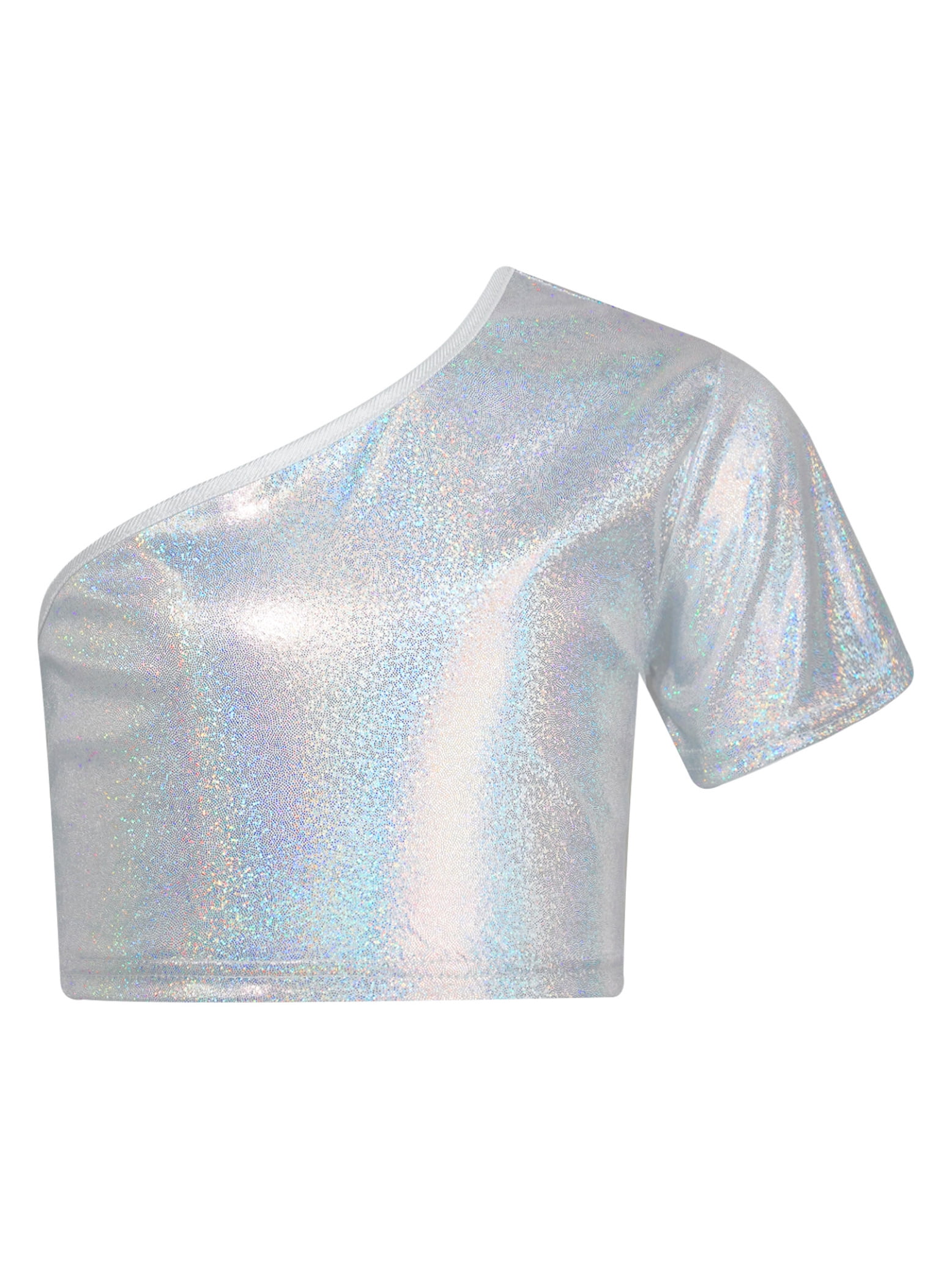 Eandarui Kids Girls One Shoulder Short Sleeve Dance Crop Top Shiny ...