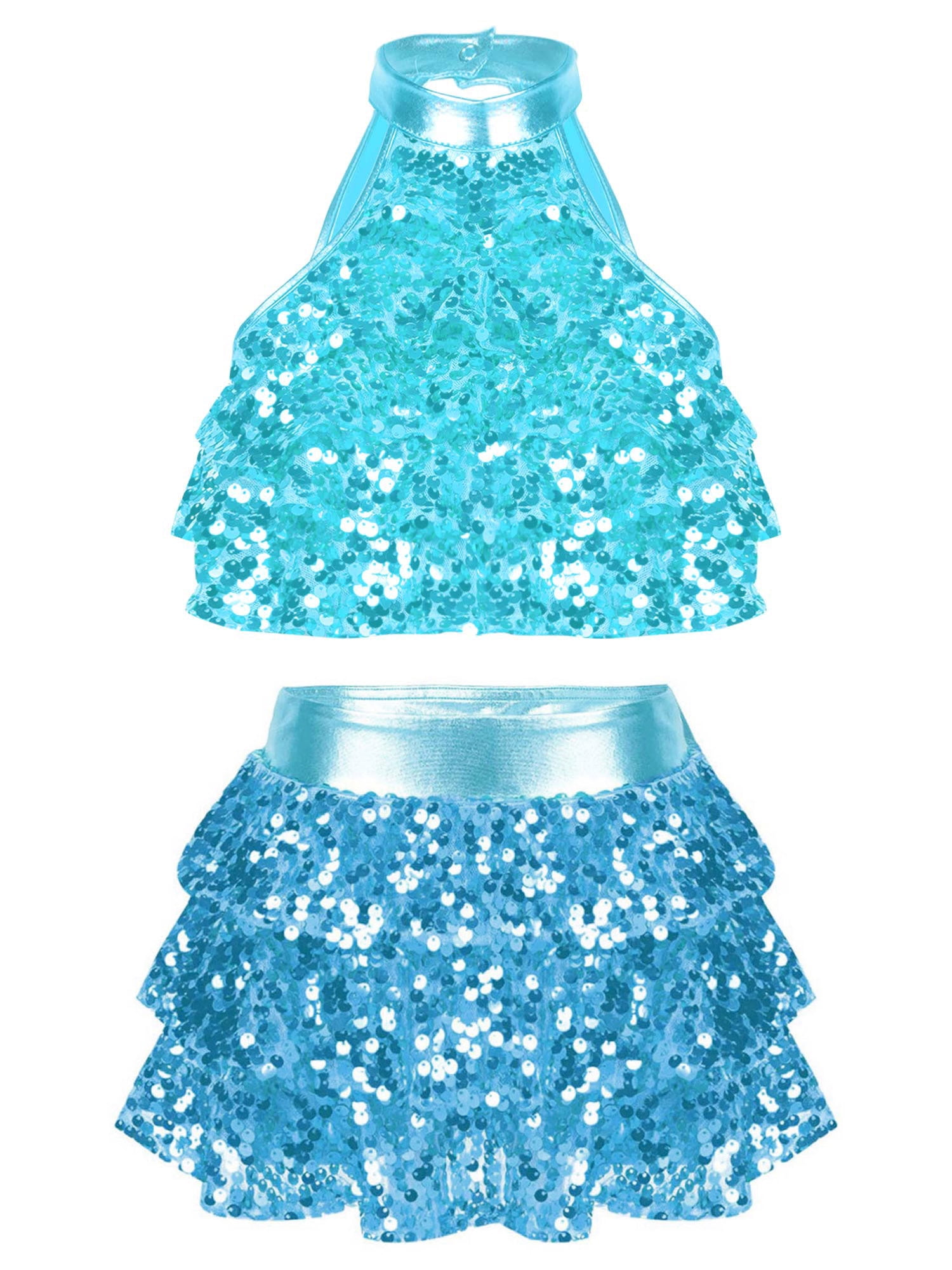 Eandarui Kids Girls Sequins Dance Outfits Set 2 Piece Metallic Crop Top ...