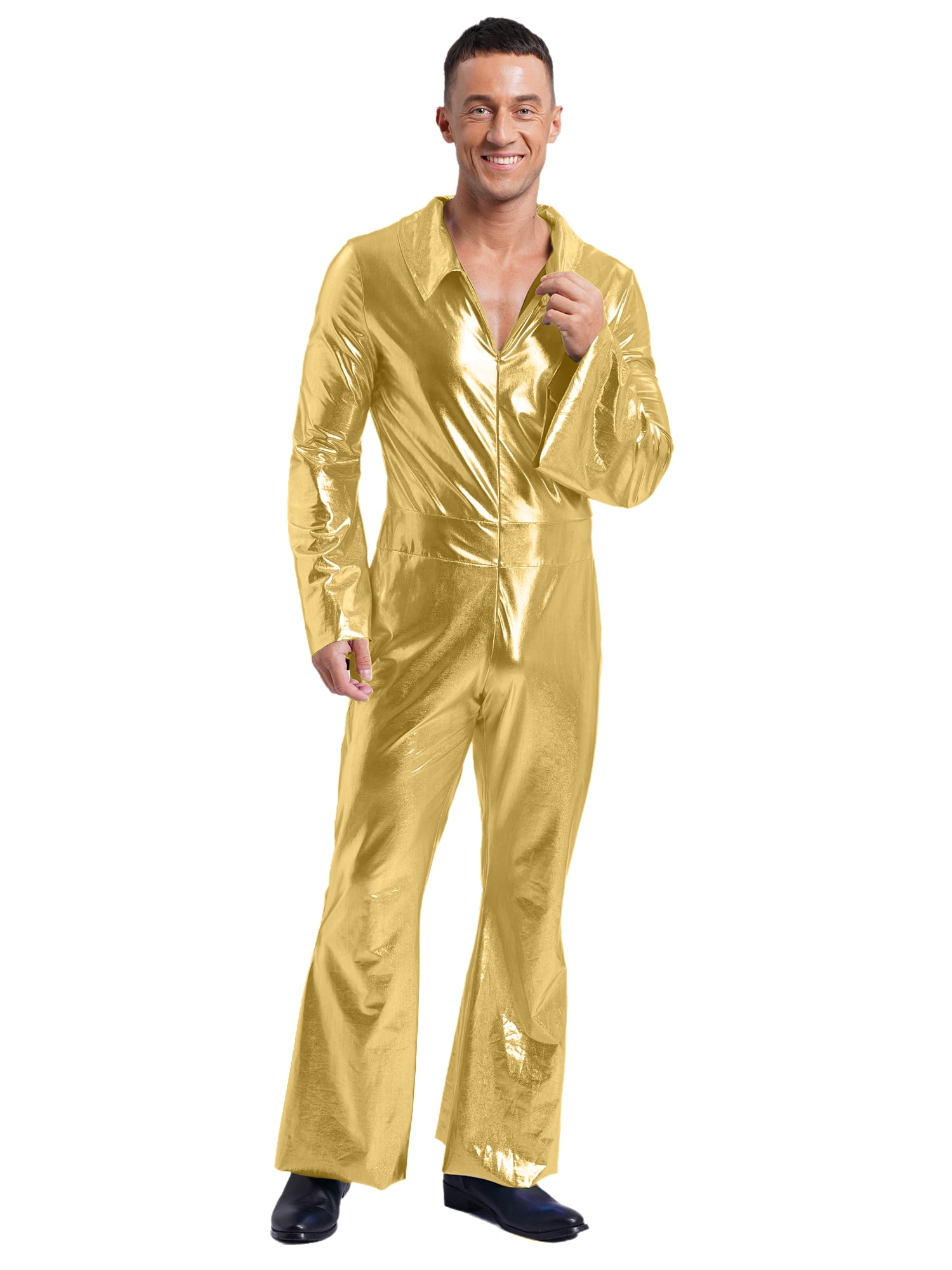 Eandarui Men's 70s Disco Metallic Shiny Jumpsuit Costume Flare Long ...