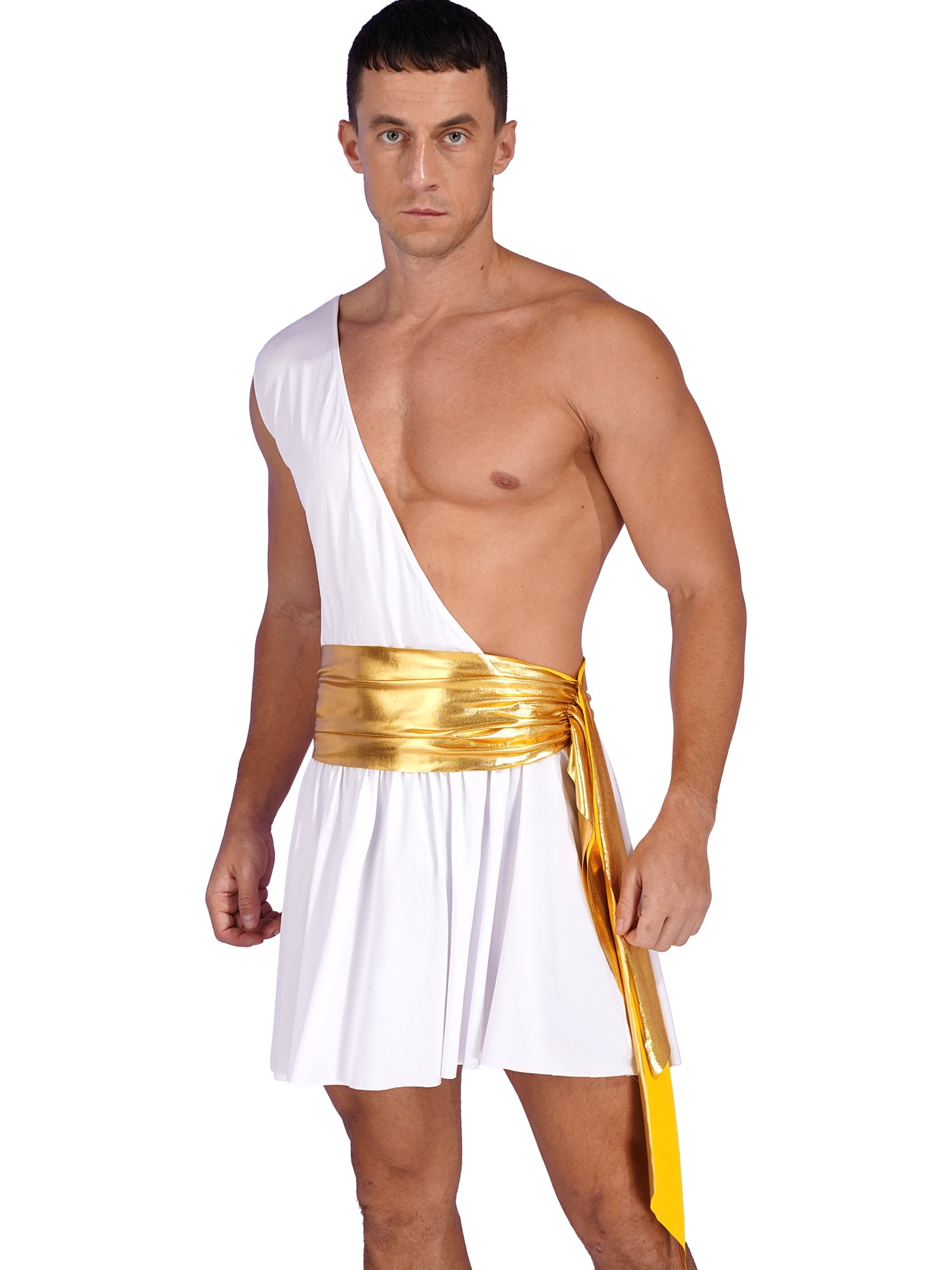 Eandarui Men's One Shoulder Gold Trim Ancient Roman Greek Toga Mini ...