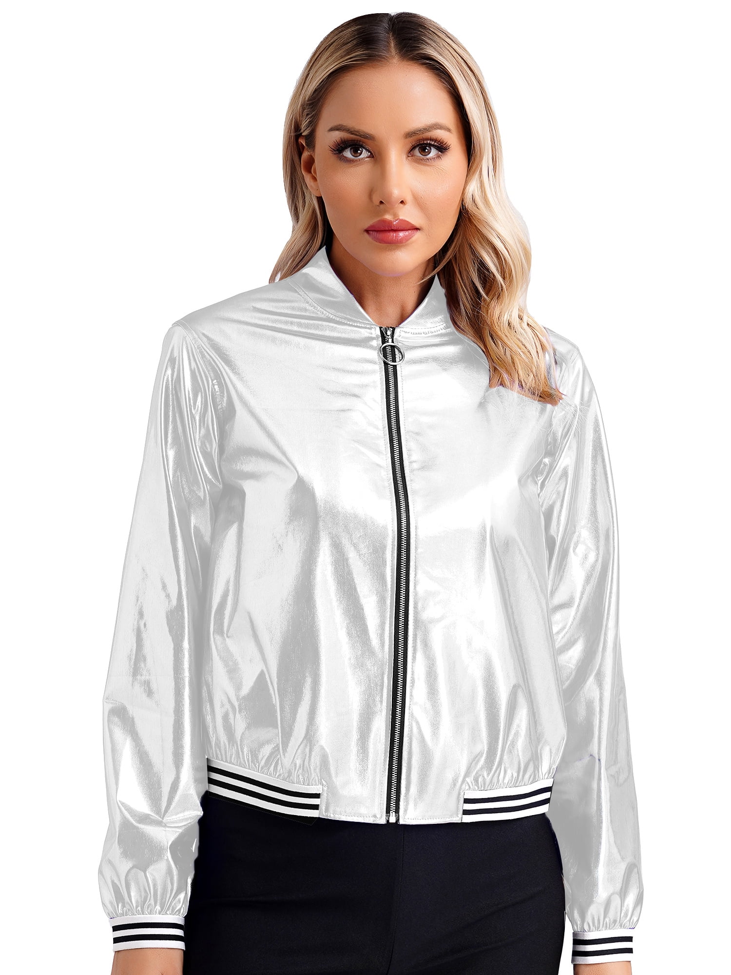 Eandarui Women Sparkly Bomber Jacket Metallic Holographic Front Zipper ...