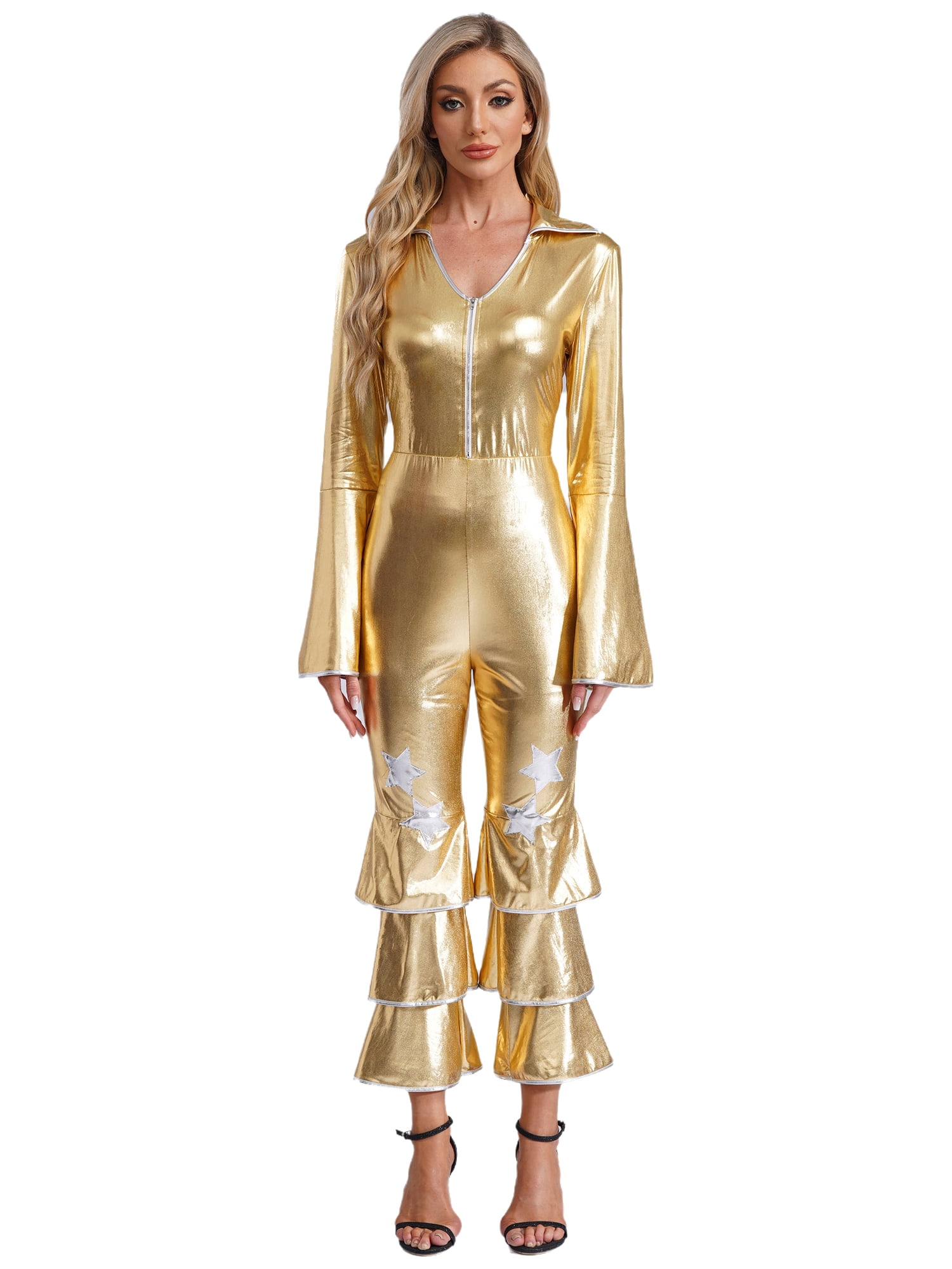 Eandarui Women's 70s Disco Dance Jumpsuit Shiny Hippie Disco Costume ...