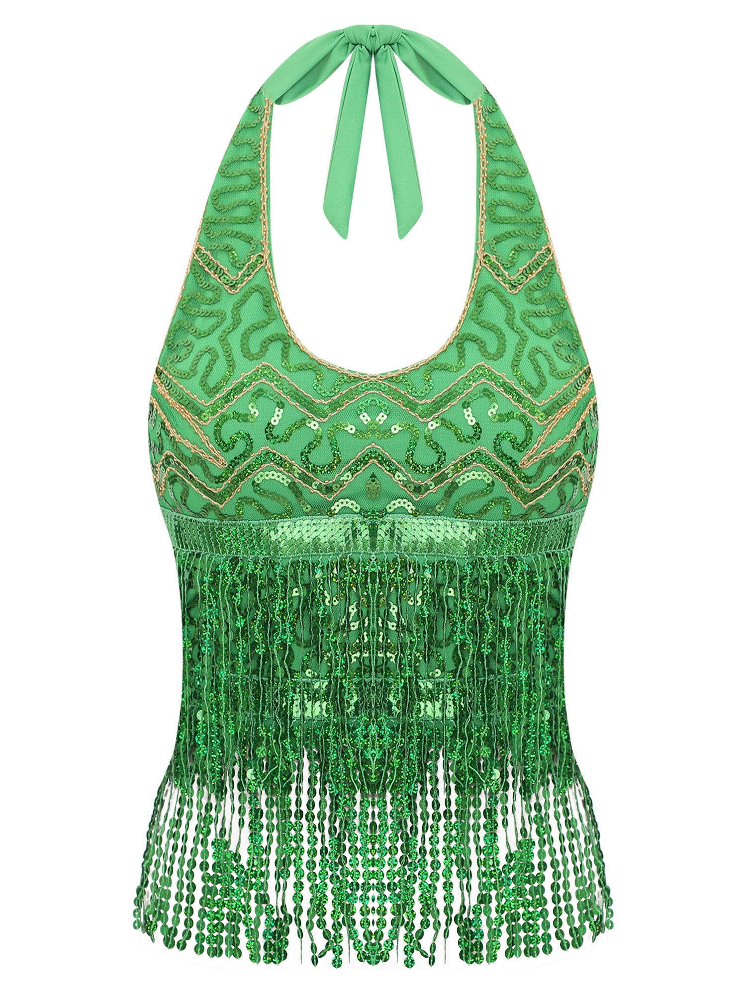 Eandarui Women's Belly Dance Crop Top Shiny Sequin Fringe Halter Neck ...