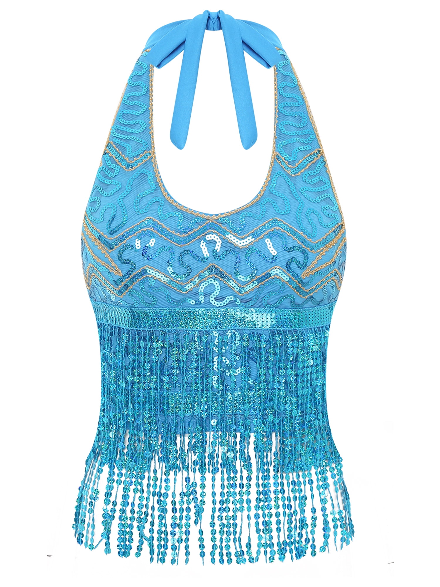 Eandarui Women's Belly Dance Crop Top Shiny Sequin Fringe Halter Neck ...