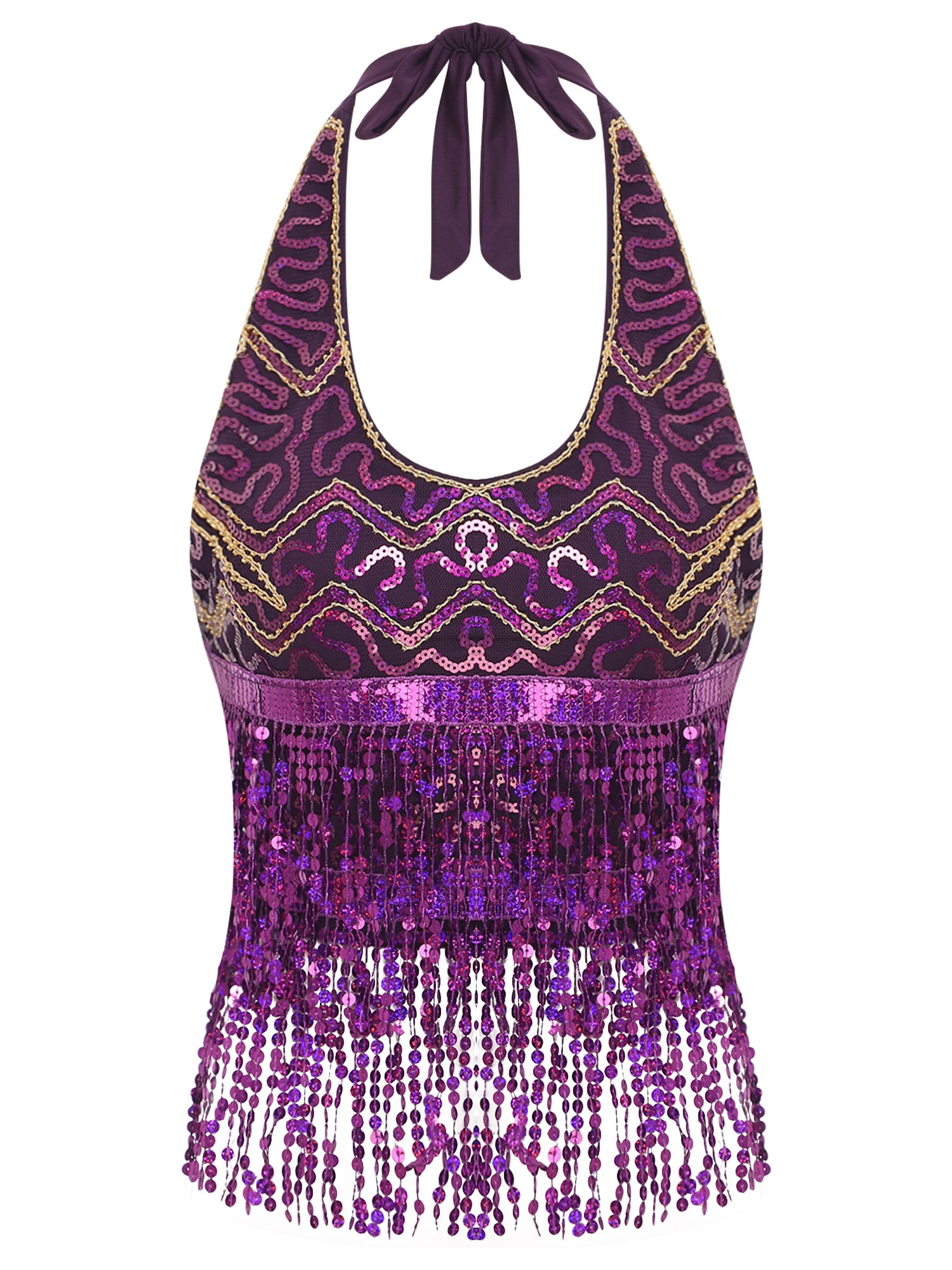 Eandarui Women's Belly Dance Crop Top Shiny Sequin Fringe Halter Neck ...