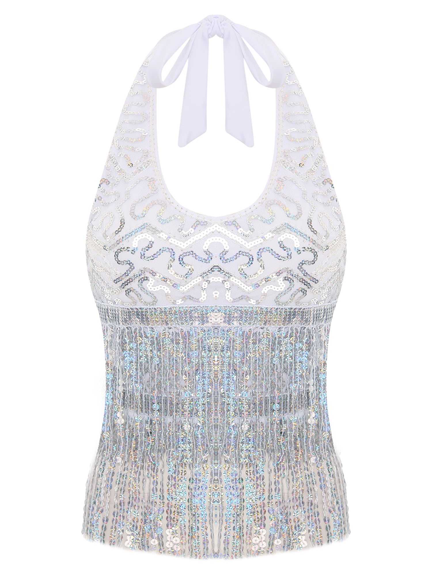 Eandarui Women's Belly Dance Crop Top Shiny Sequin Fringe Halter Neck ...