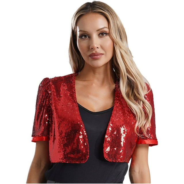 Eandarui Women's Sequin Jacket Sparkly Party Short Sleeve Open Front ...