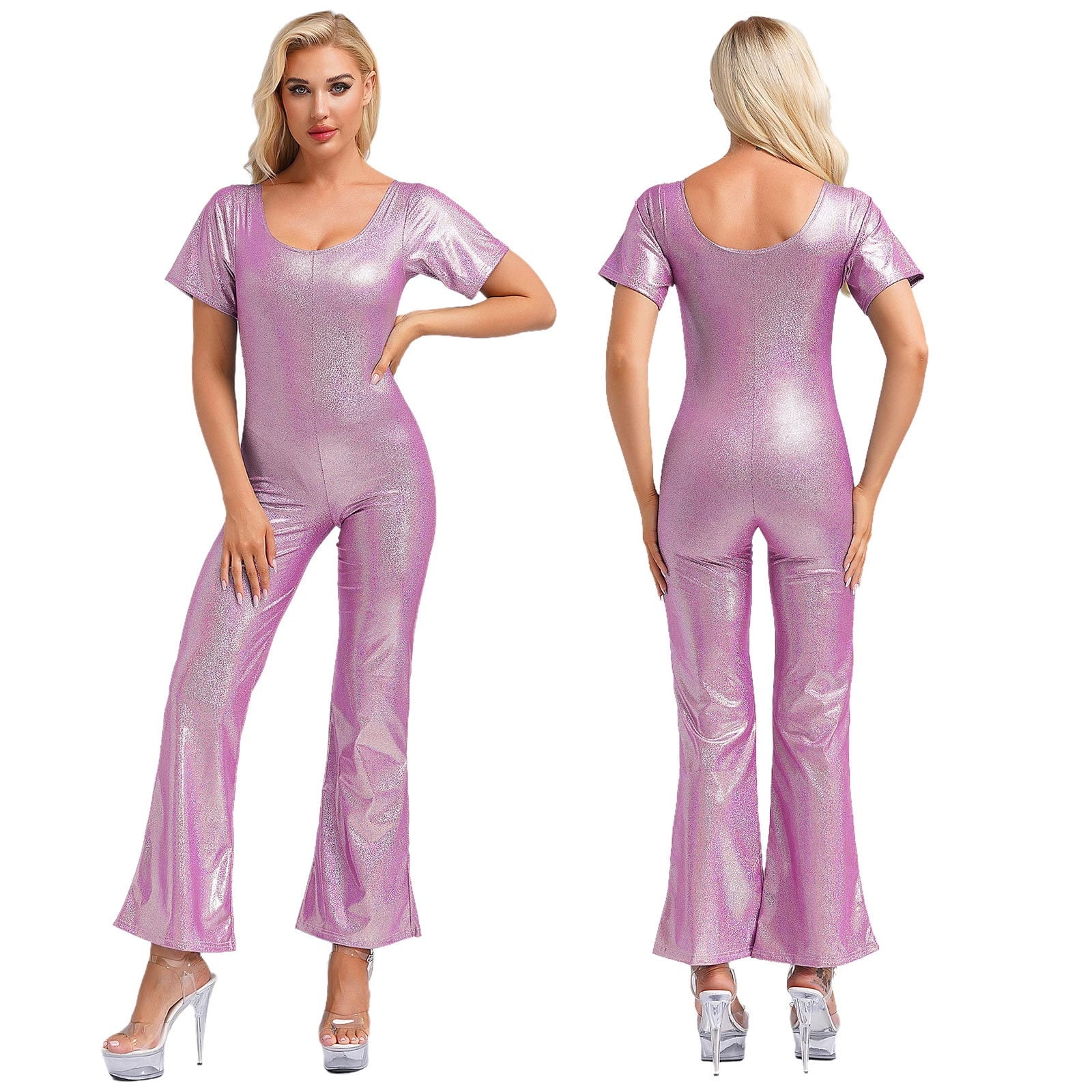 Eandarui Women's Shiny Metallic Bell-Bottom Dance Jumpsuit Casual ...