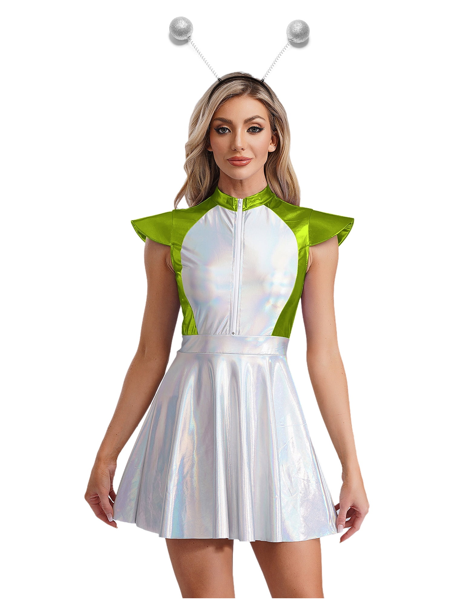 Eandarui Womens Alien Cosplay Costume Shiny Metallic Cap Sleeves A-line ...
