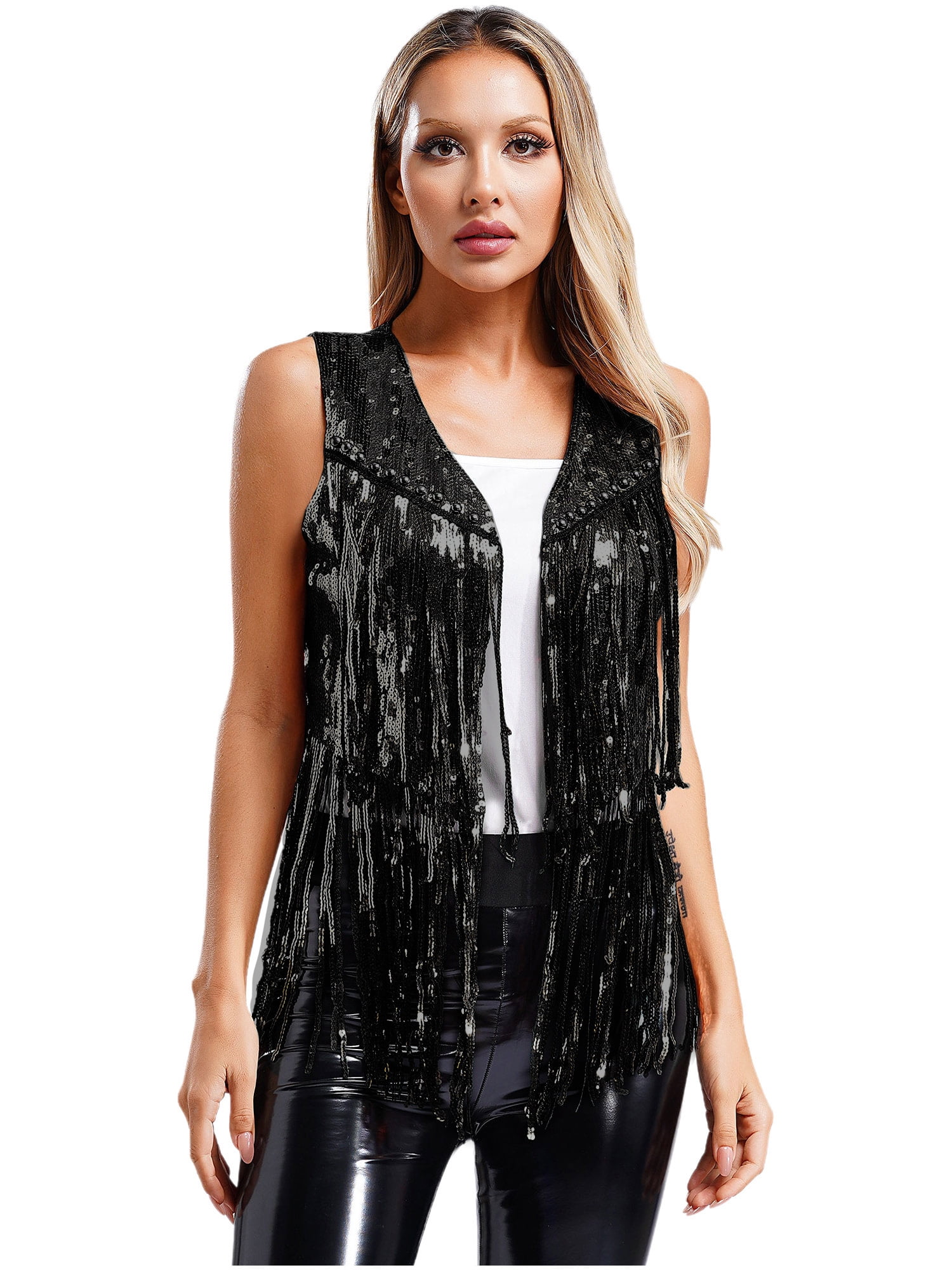 Eandarui Womens Sequin Sleeveless Fringe Tassel Vest Sleeveless Open ...