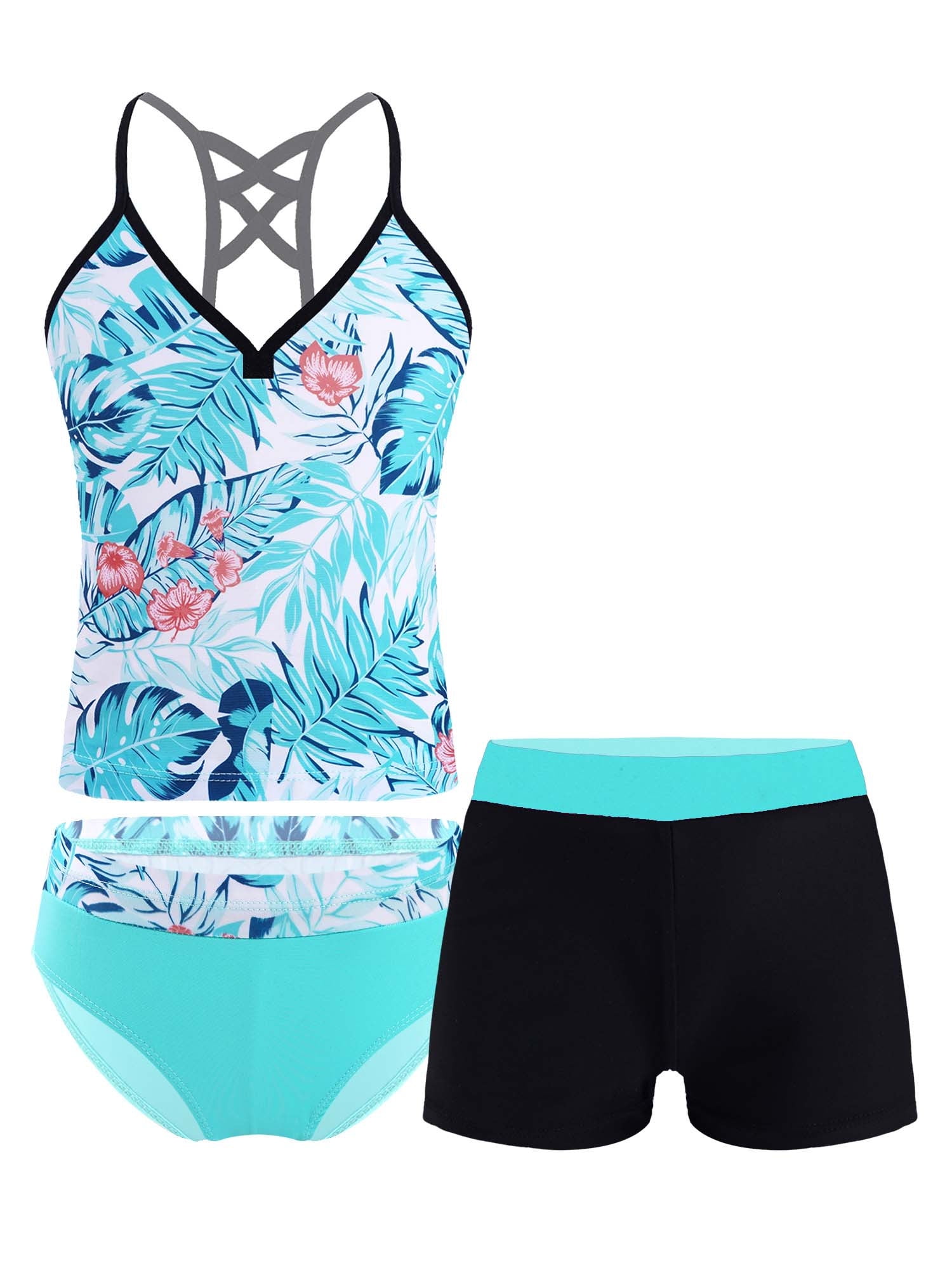 Eandarui Youth Big Girls Floral Printed 3Pcs Tankini Swimsuit Tankini ...