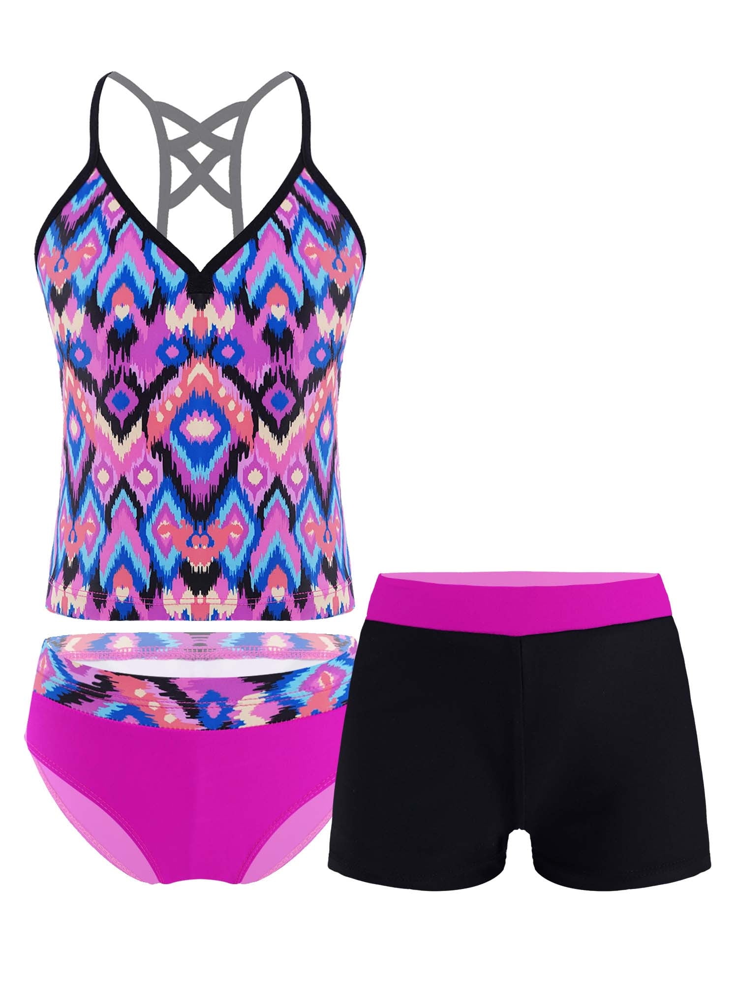 Eandarui Three-Piece Tankini Swimsuit, Size 16, Rose Red Geometry (Girl ...