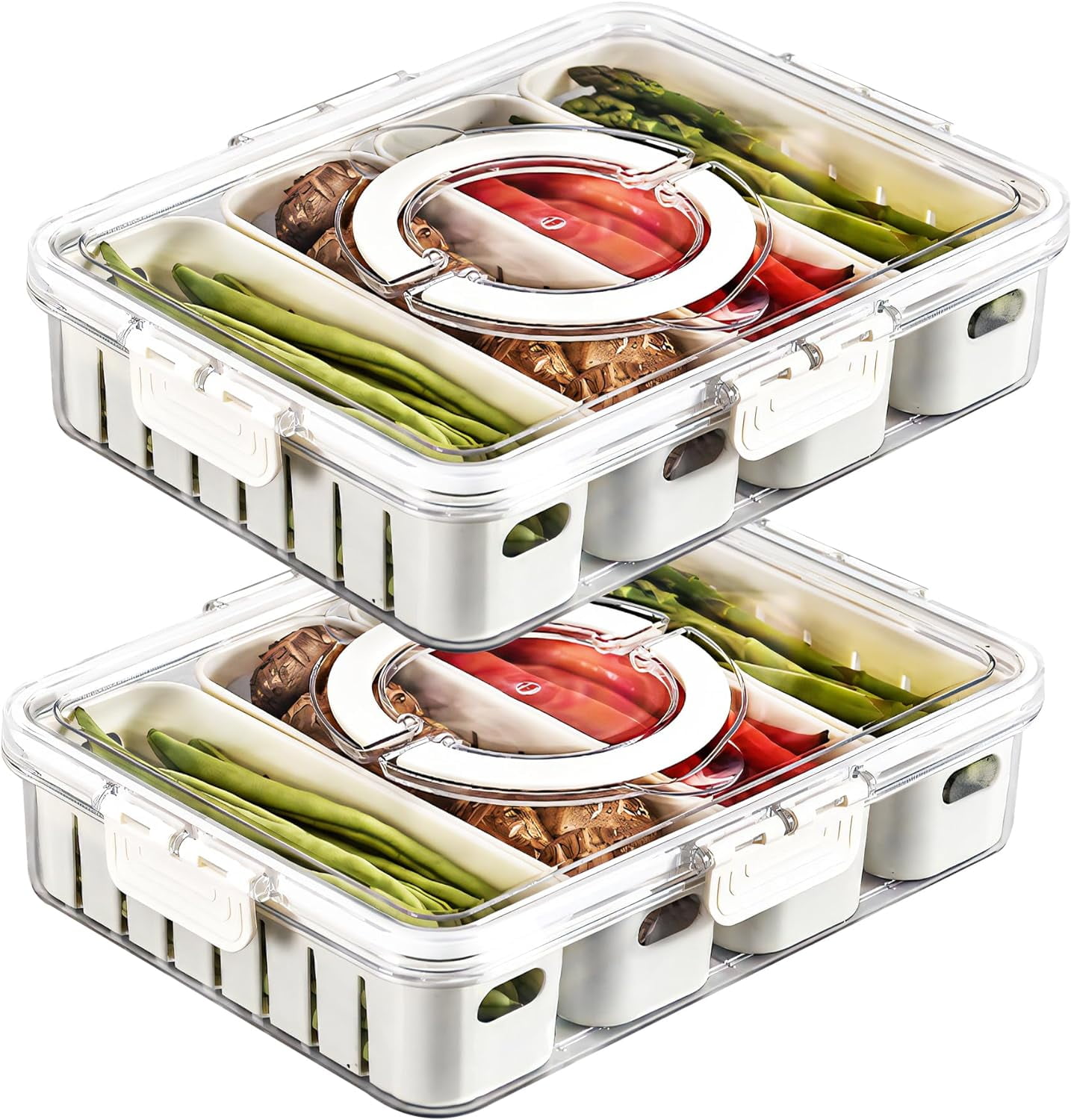 OKENTEN 2 Pack Divided Veggie Tray with Lid and Handle 4 Compartment ...