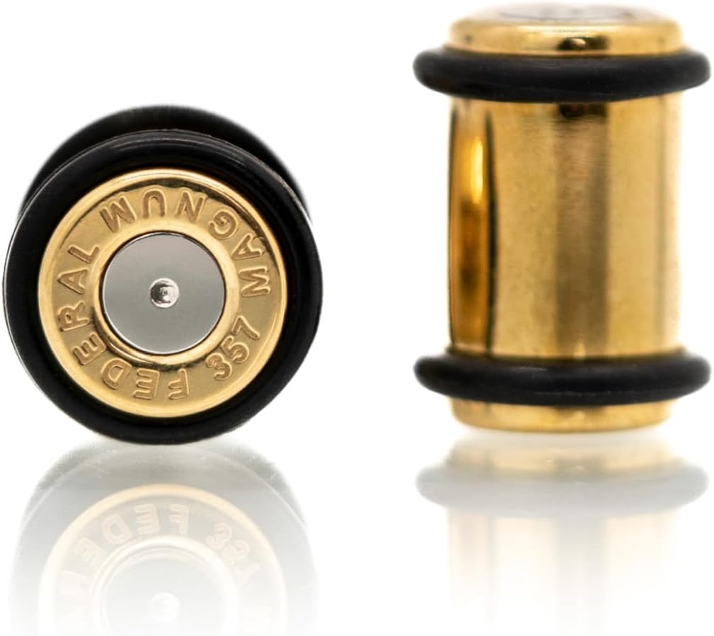 Ear Gauges, Gold Tone Surgical Steel .357 Magnum Bullet Plugs with O ...