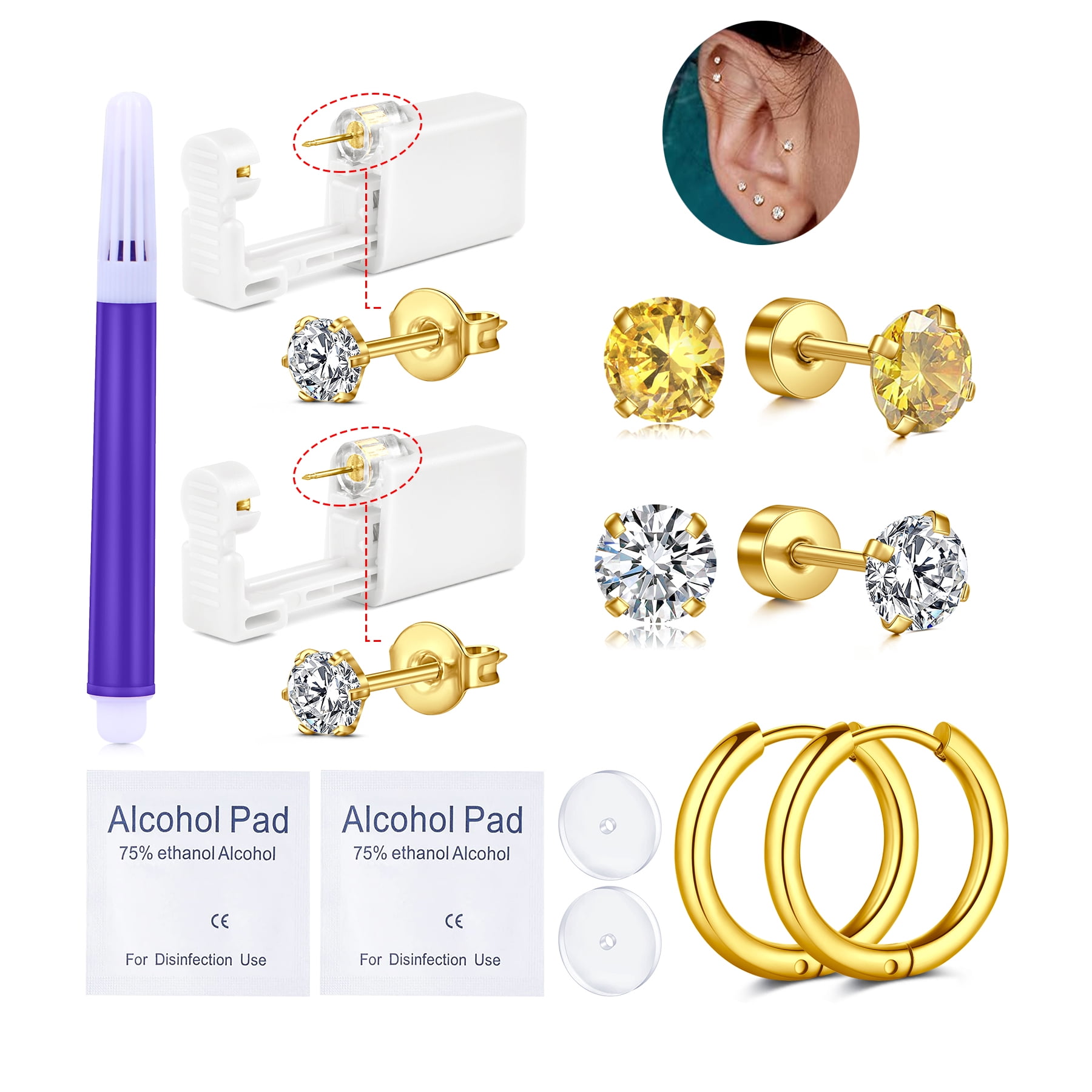 Ear Piercing Kit Ear Piercing Gun Kit Gold Self Piercing Earrings ...