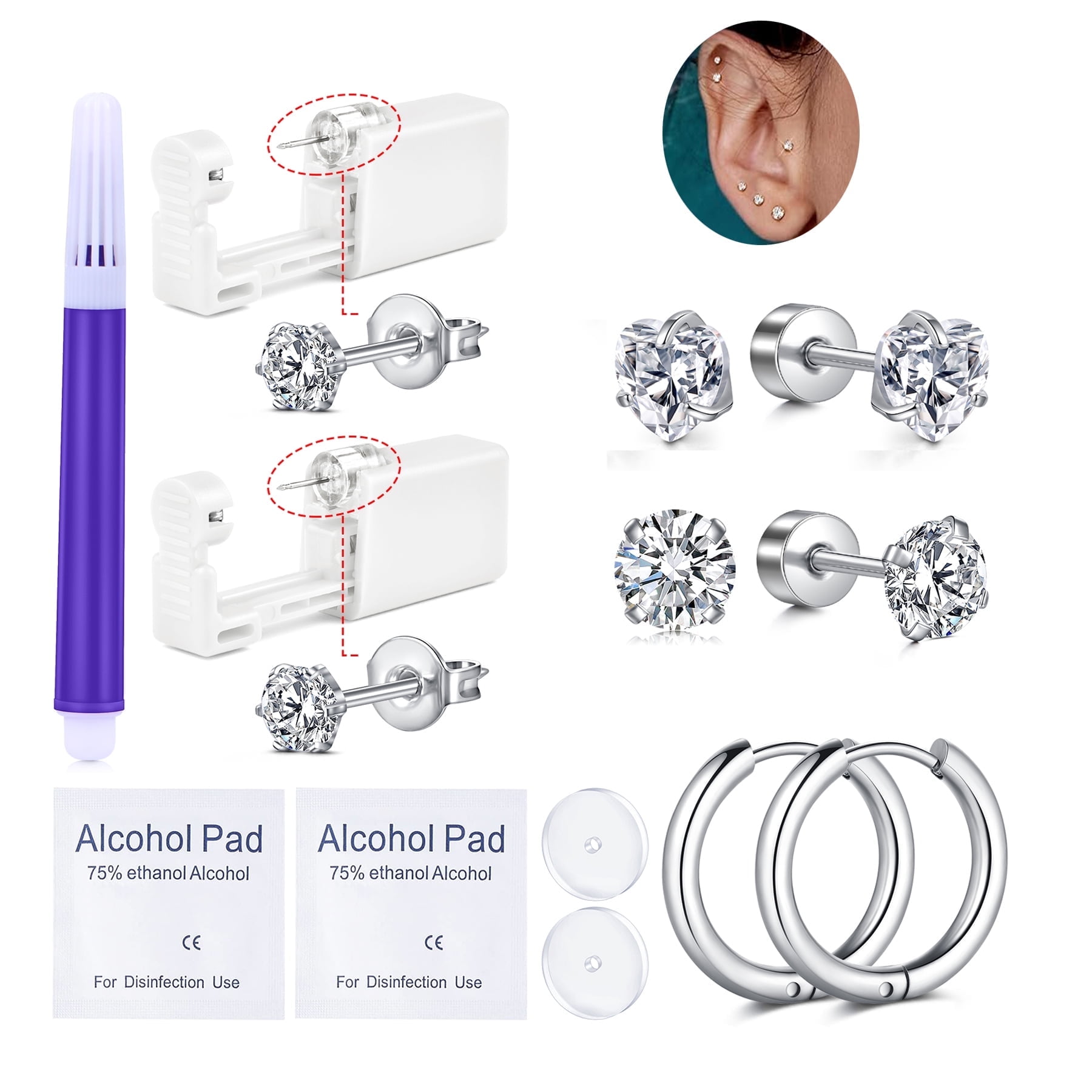 Ear Piercing Kit Ear Piercing Gun Kit Gold Self Piercing Earrings ...