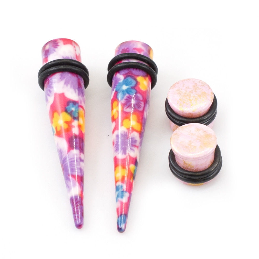 Ear Plugs with Tapers Stretching kit Colorful Flower Design with O ...