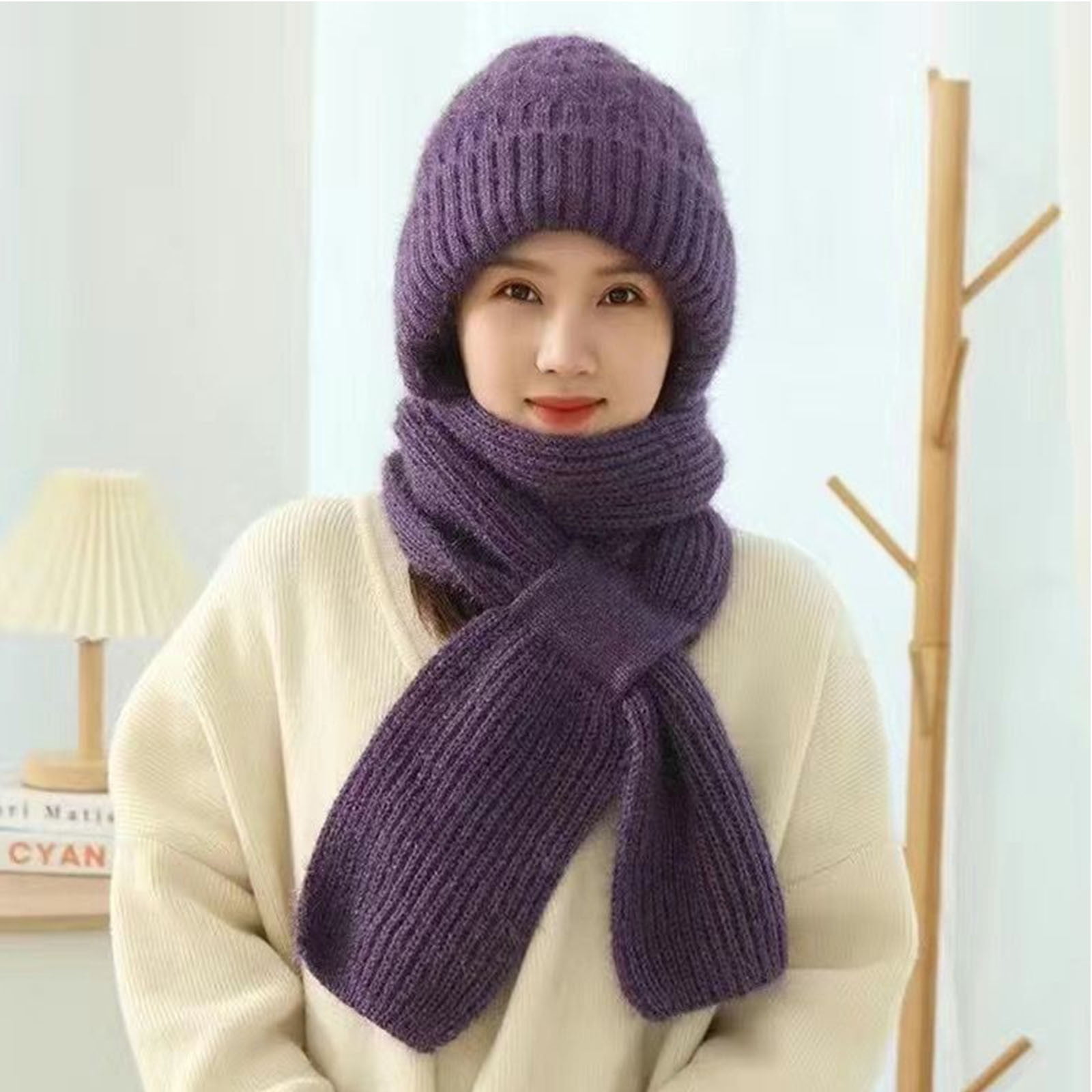Ear Protection Windproof Cap Scarf, Winter Warm Knitting Thick Warm Ear ...