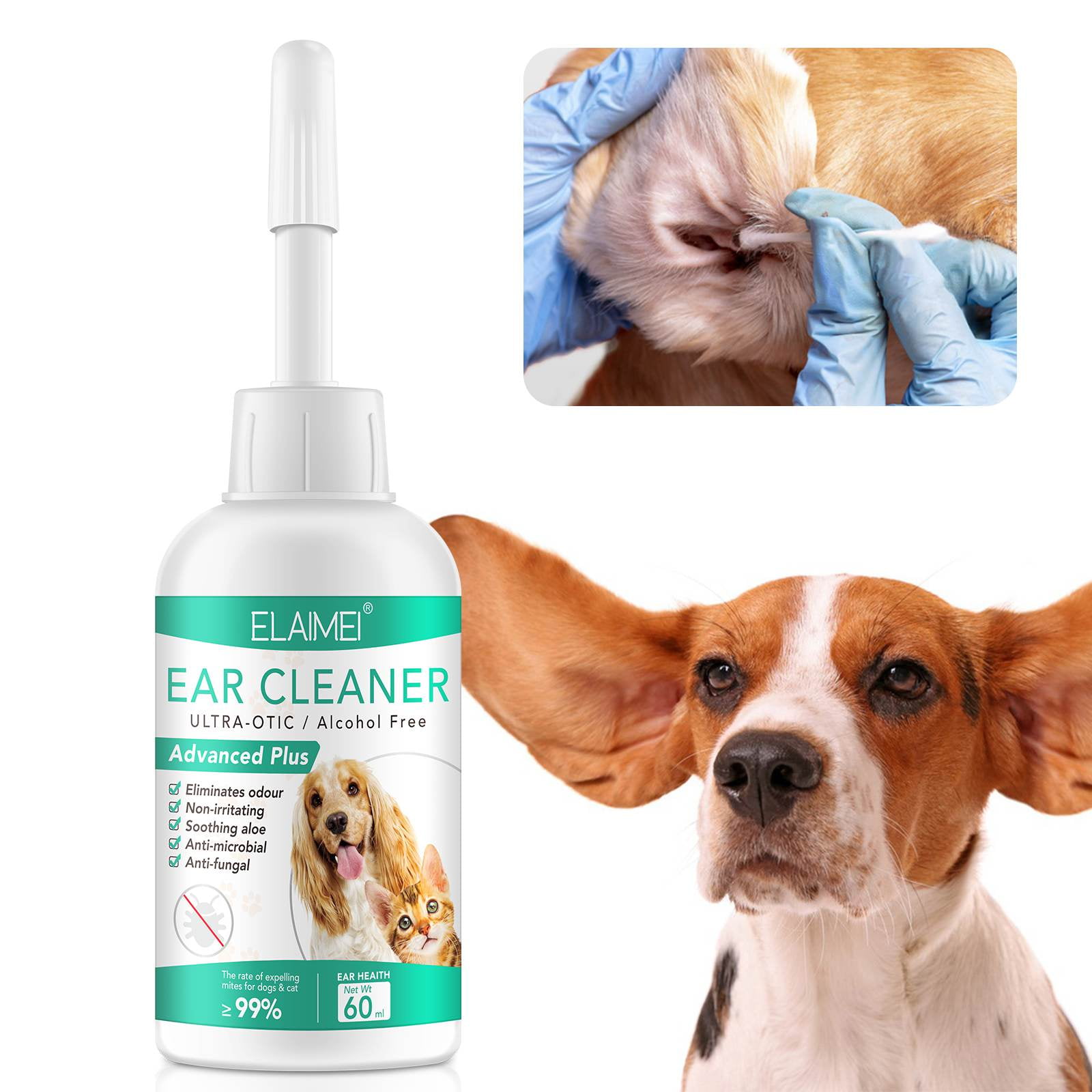 Ear Rinse for Dogs and Cats 60ml, Elaimei Cat and Dog Ear Cleaner ...