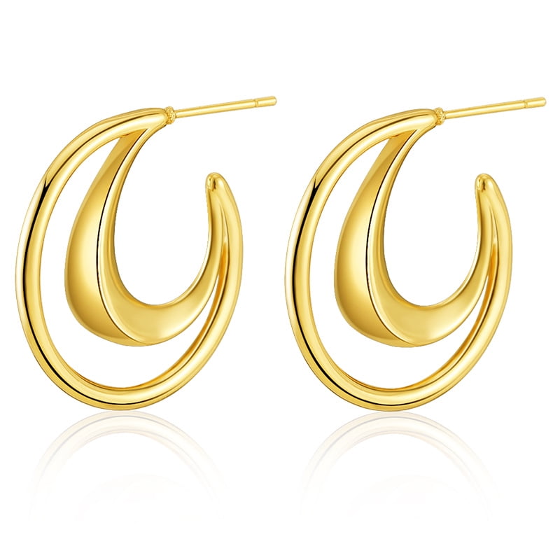 Ear Studs Brass 18K Gold Plating Earrings C- Type Double-Layer ...