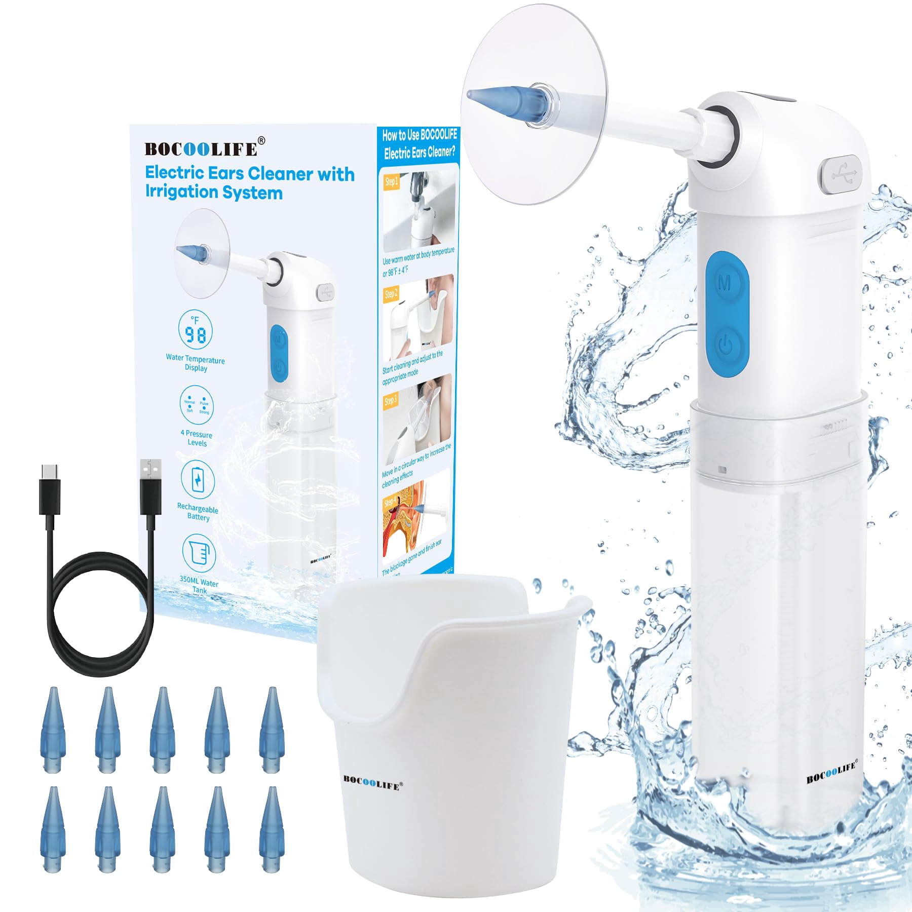 Ear Wax Removal Electric Ear Cleaning Kit Waterproof Cleaner 4 Water ...