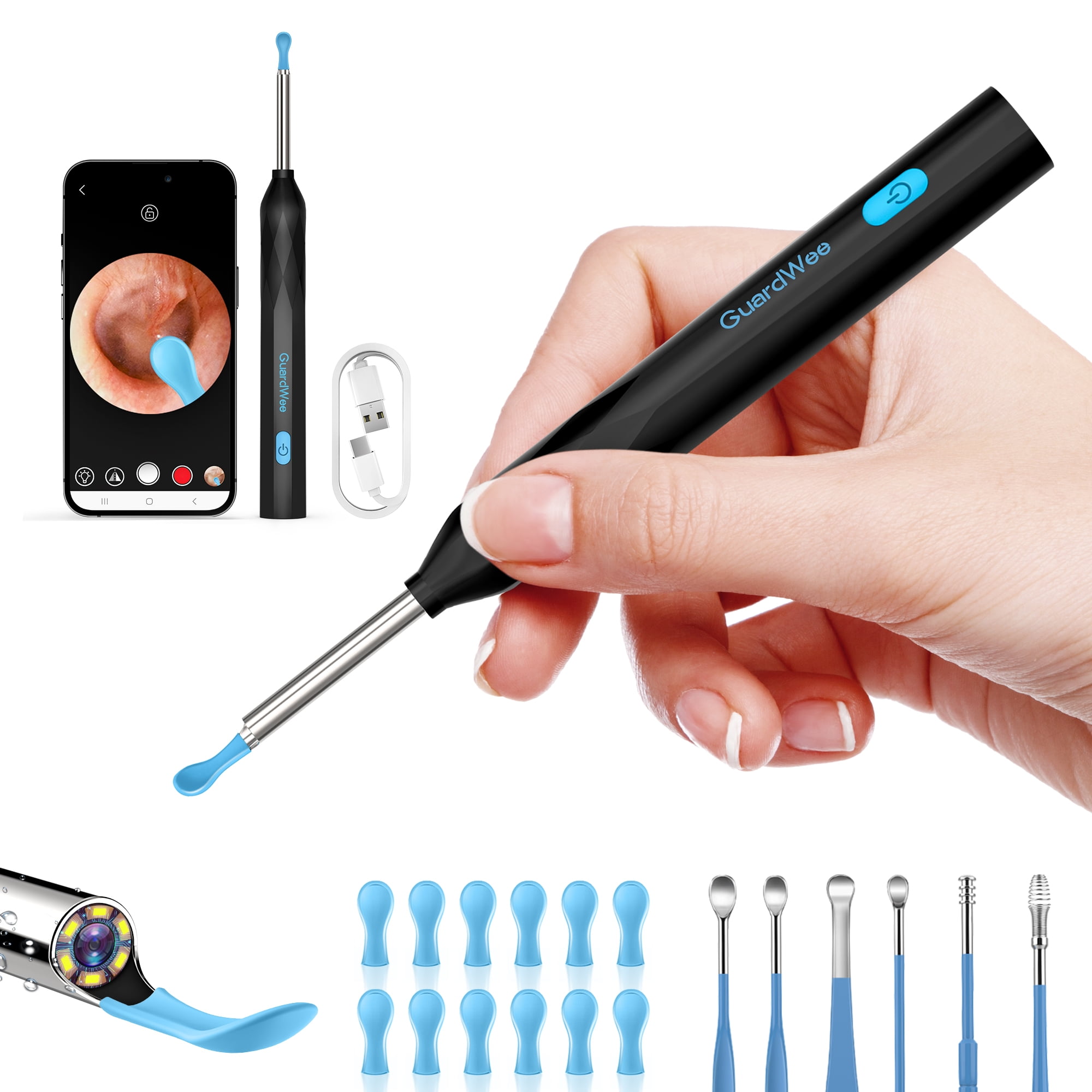 GuardWee Ear Wax Remover with LED Light, WiFi Tips Device, 1440P HD ...