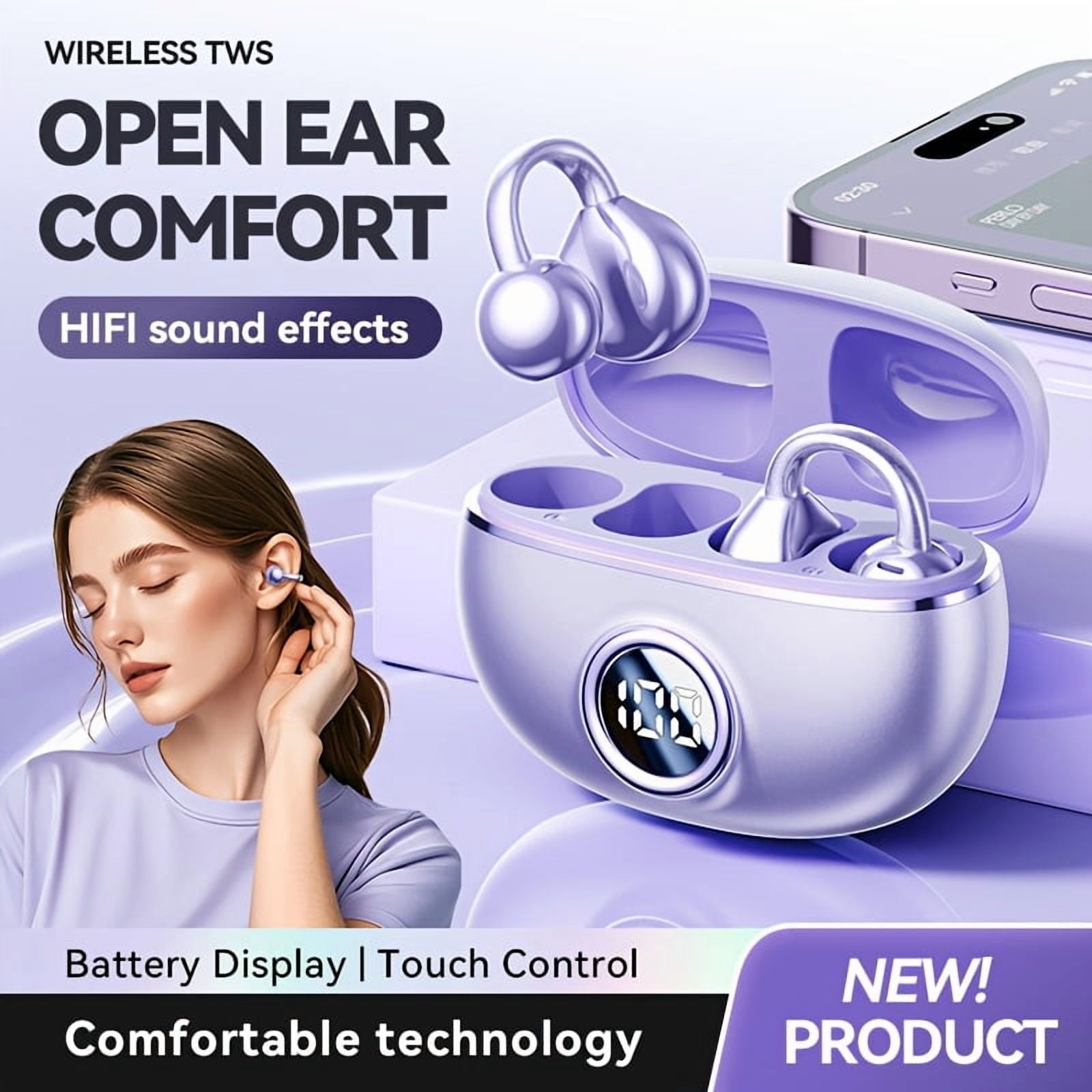 Ear-clip Wireless Earpuds, Open-Ear Wireless Headphones, Low-latency HD Calls, Comfortable And ...