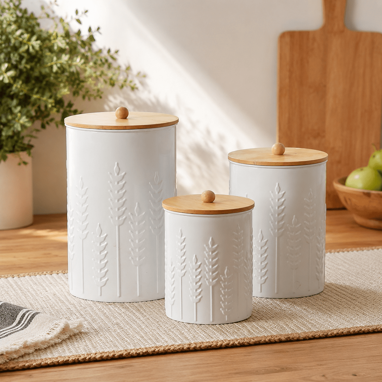 Ear of Wheat White 3-Piece Metal Kitchen Food Storage Canister Set ...
