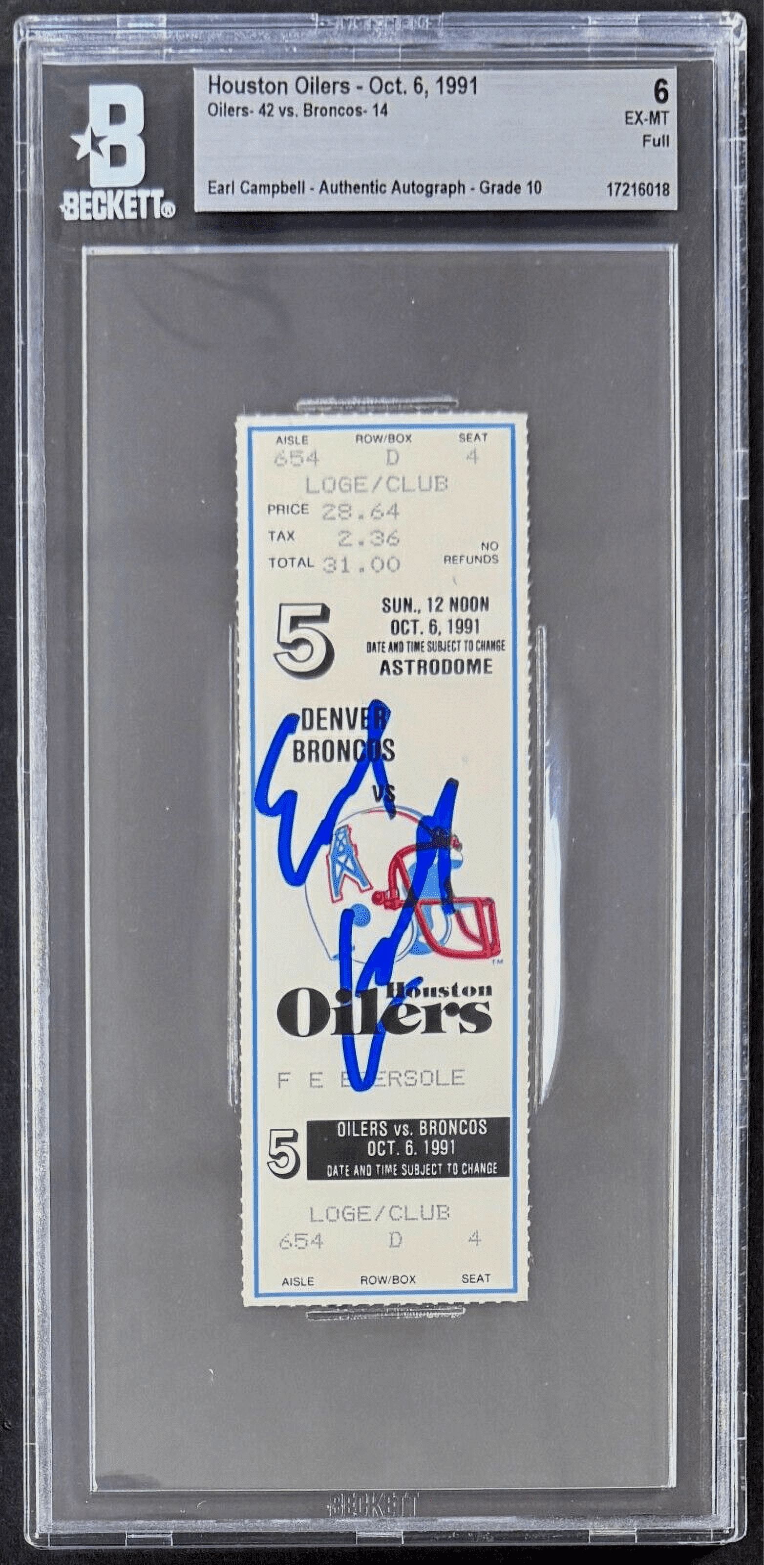 Earl Campbell Signed Houston Oilers v Bills Phantom Ticket Beckett ...