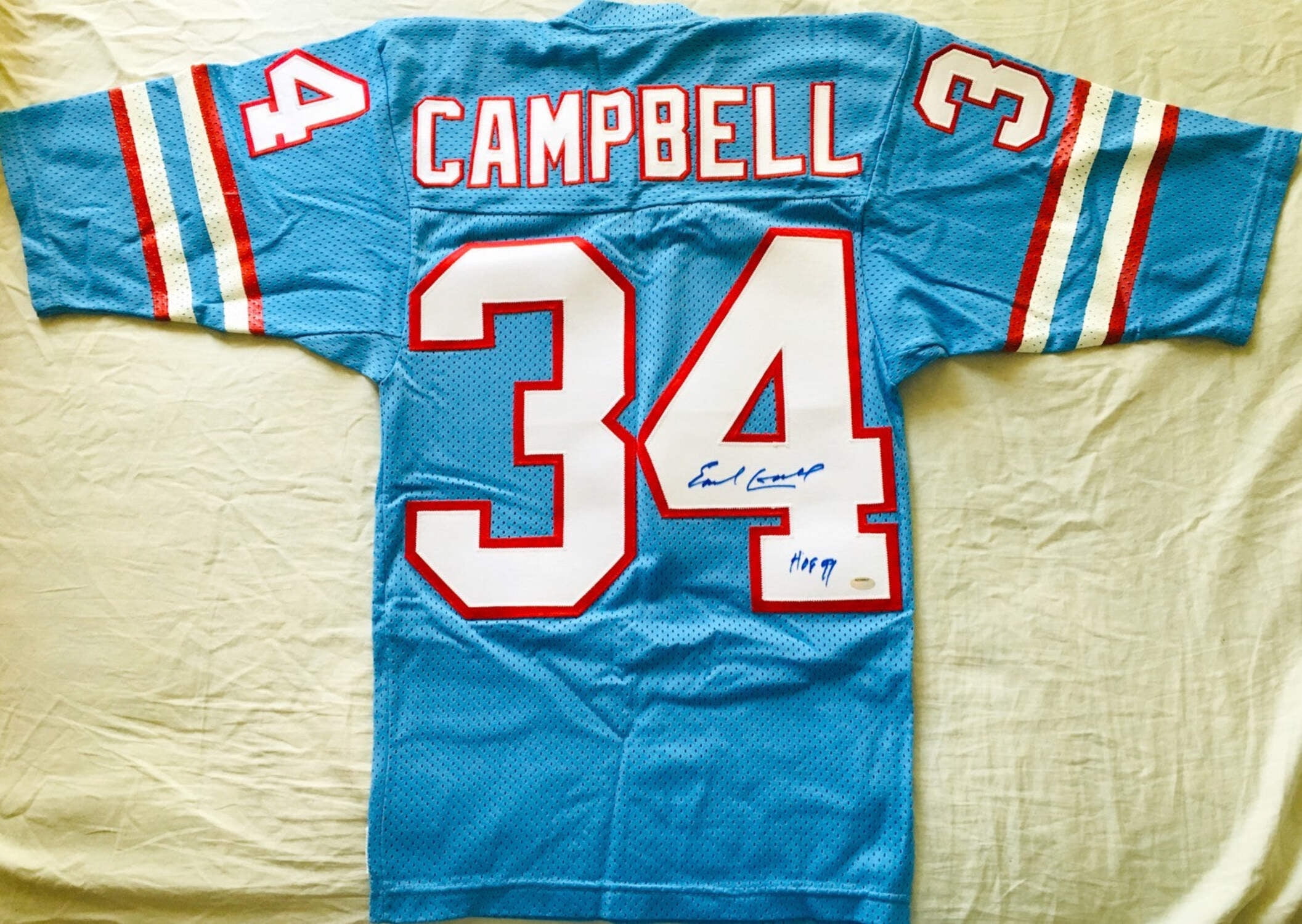 Earl Campbell autographed Houston Oilers 1980s Sand Knit stitched blue ...