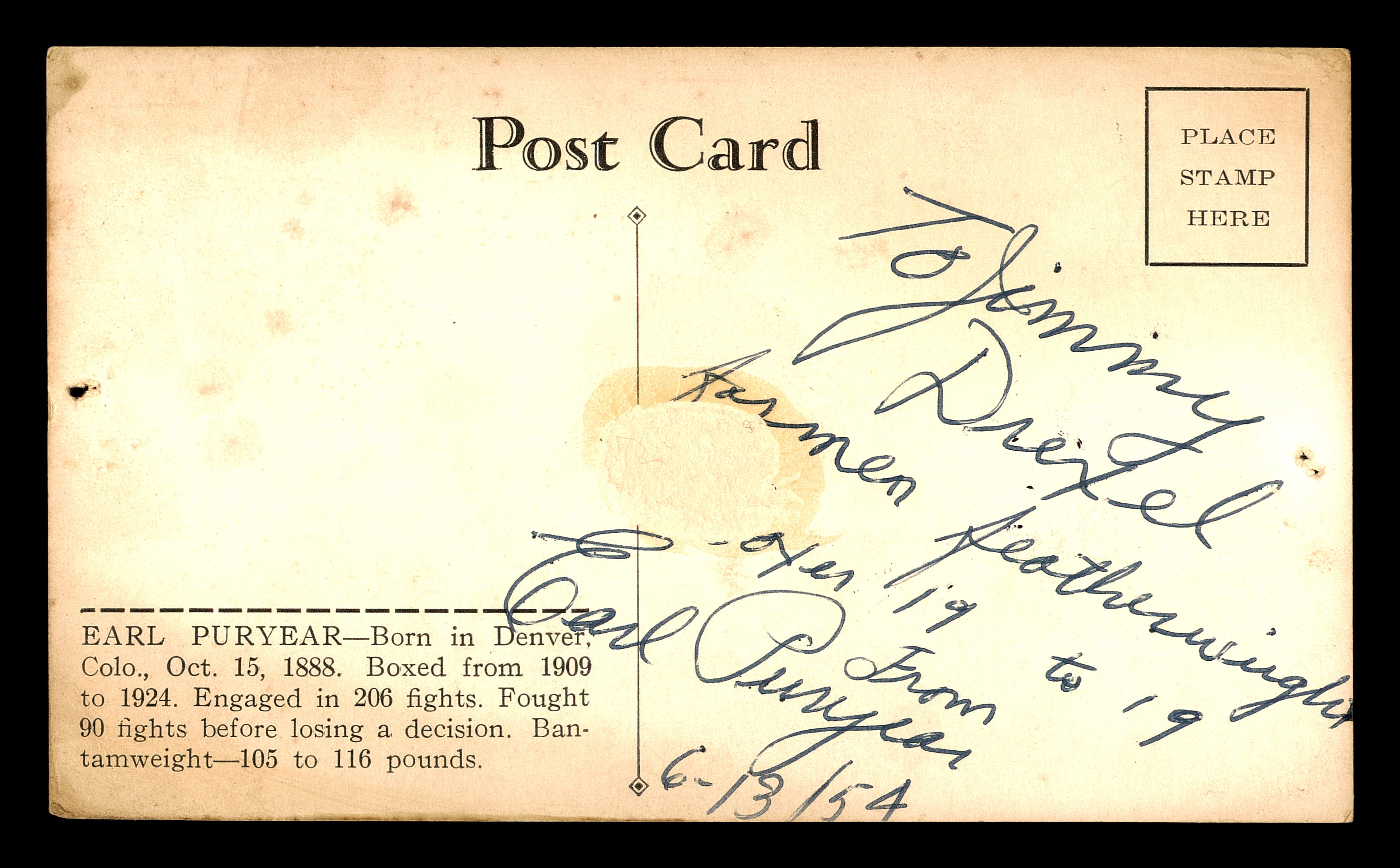 Earl Puryear Autographed 3.5x5.5 Postcard Featherweight Boxer "To Jimmy ...