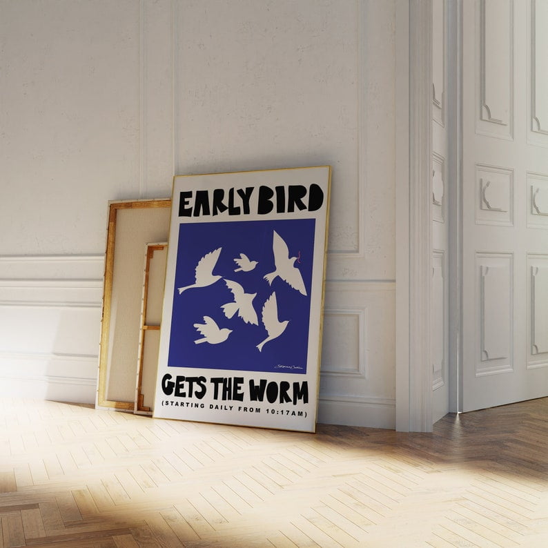 Early Bird Gets the Worm Print: Trendy Blue Typography Poster 24x36 ...