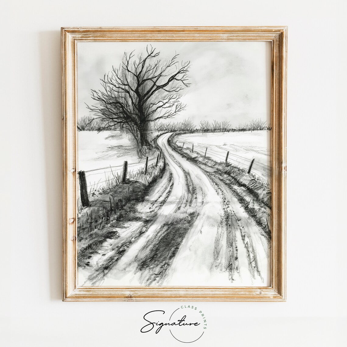 Early Frost On Country Road Sketch, Rustic Winter Scene Art, Bare Trees ...
