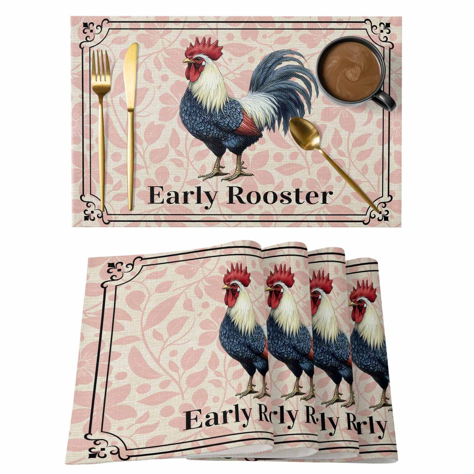 Early Rooster Placemats Set of 6 Pink Spring Farmhouse Leaves Burlap ...