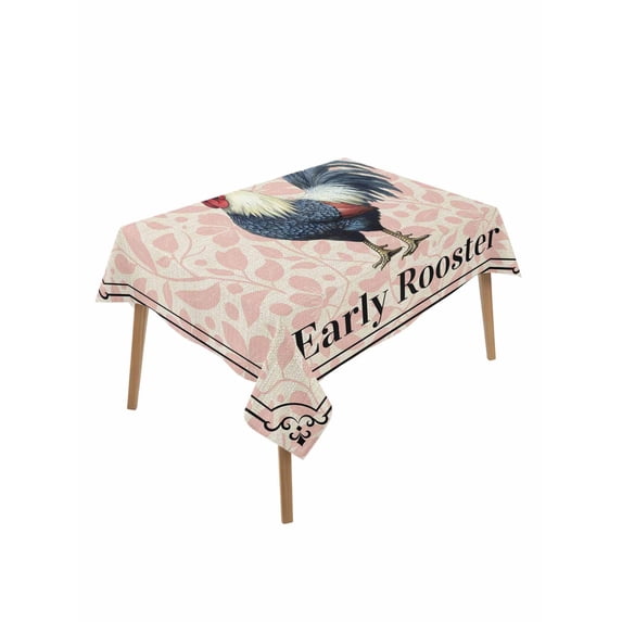 Early Rooster Rectangle Tablecloth, Pink Spring Farmhouse Leaves Burlap ...