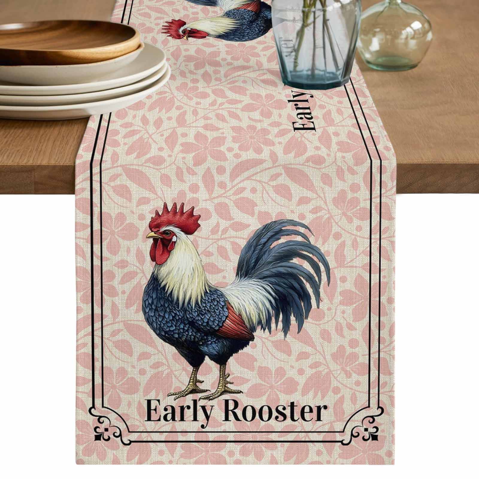 Early Rooster Table Runner 72 Inches, Pink Spring Farmhouse Leaves ...