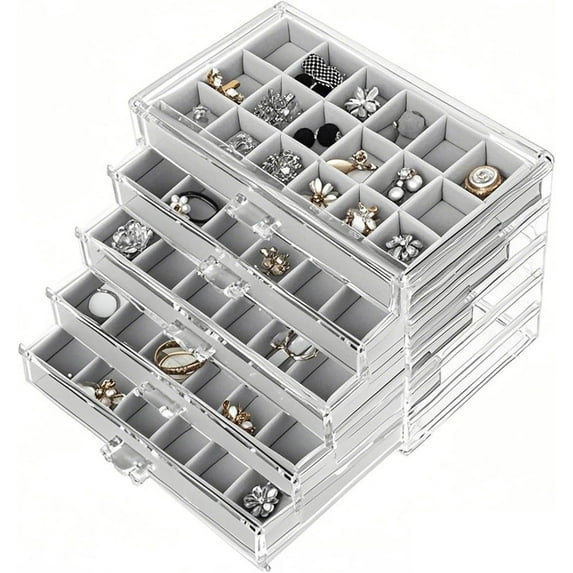 Earring Organizer, Acrylic Jewelry Box with 5 Drawers, Clear Velvet ...