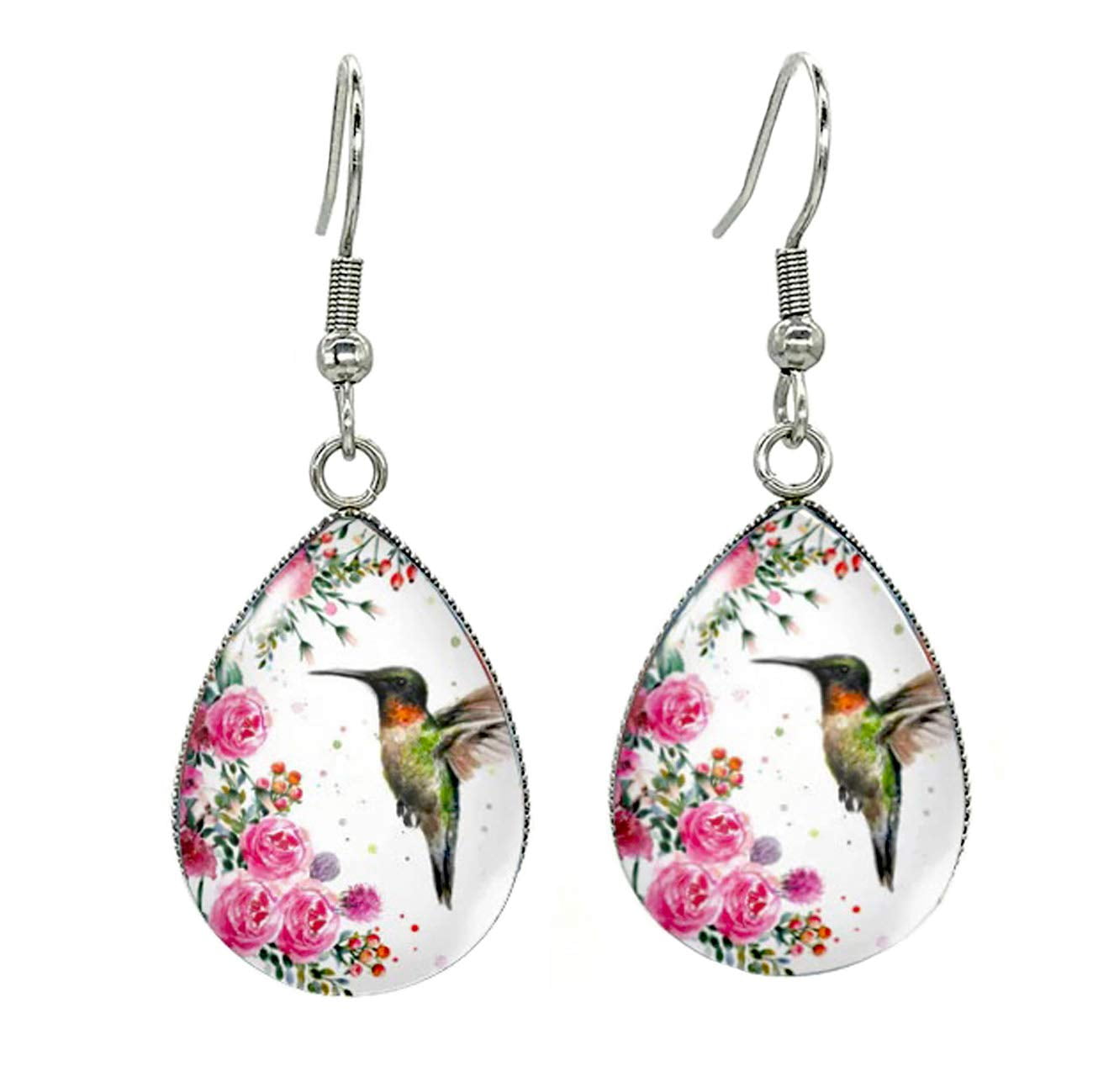 Earrings/Hummingbird Tear drop Earring Glass Dome Photo Jewelry Bird ...