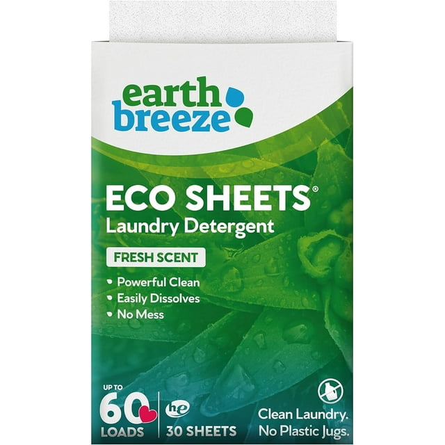 Earth Breeze Laundry Detergent Sheets - Fresh Scent, 60 Loads, No Plastic Jug, 30 Sheets ...