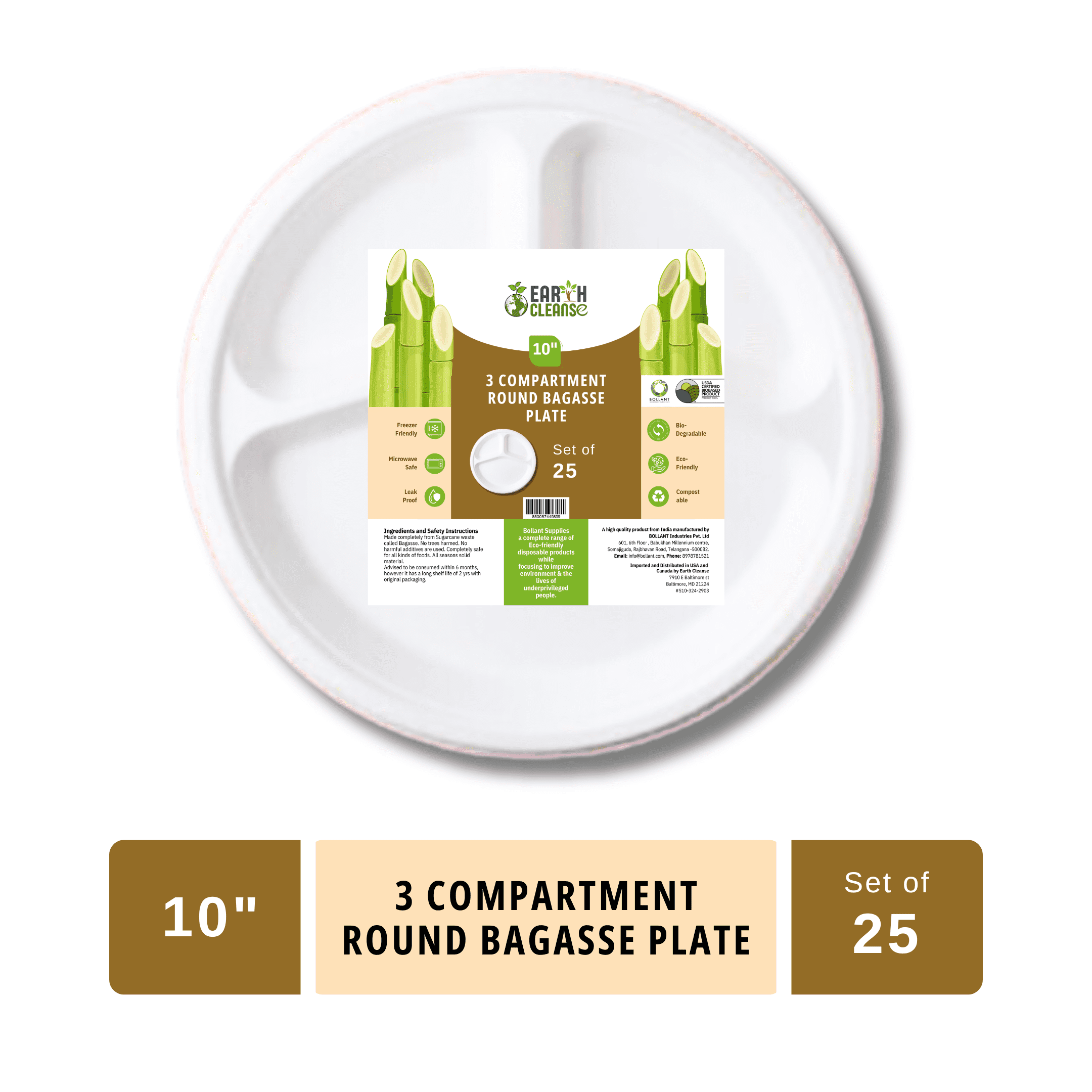 Earth Cleanse Bagasse 10-Inch 3-Compartment Round Plates ,Pack of 25 ...