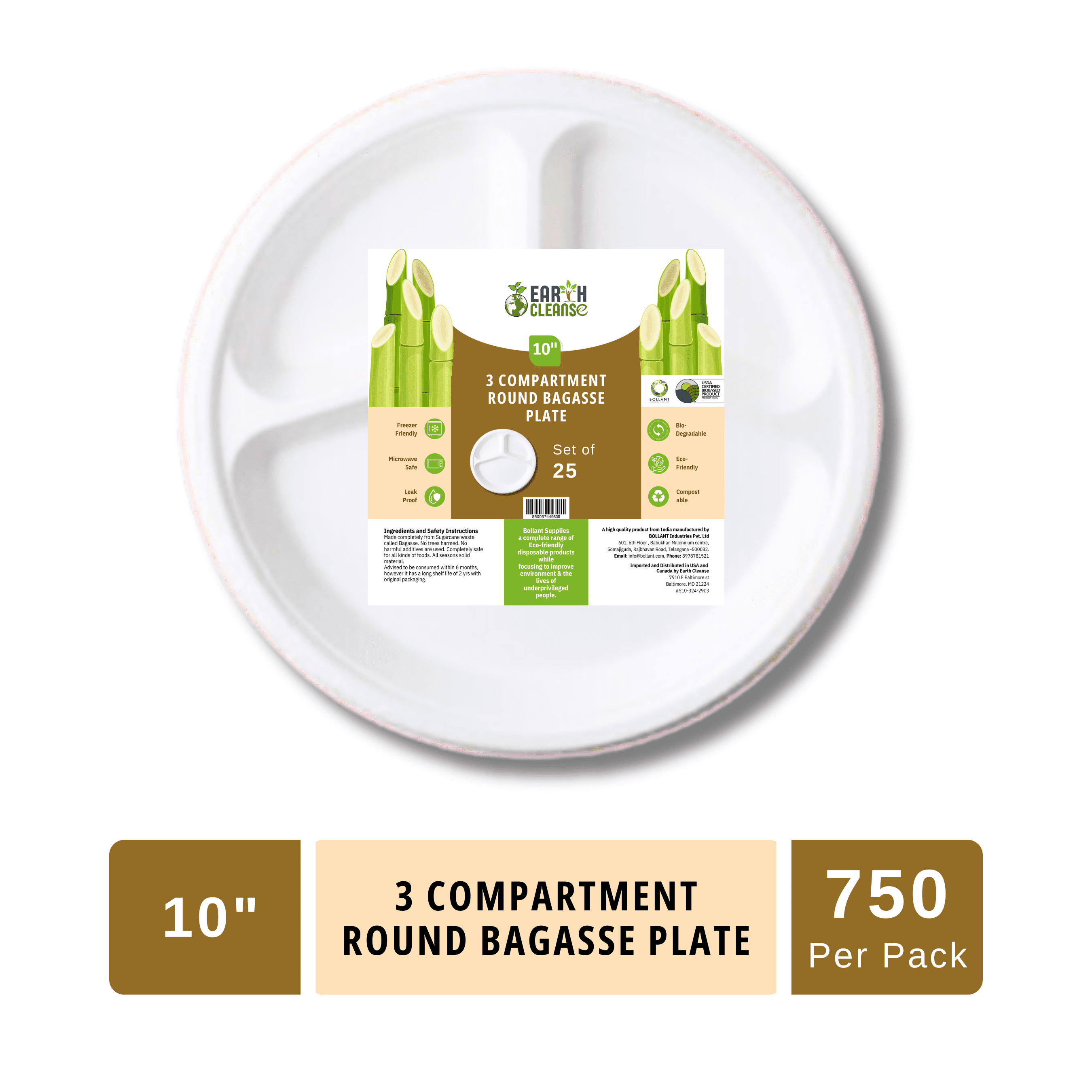 Earth Cleanse 10" Round 3 Compartment Round Bagasse Plate ,750 Pack ...