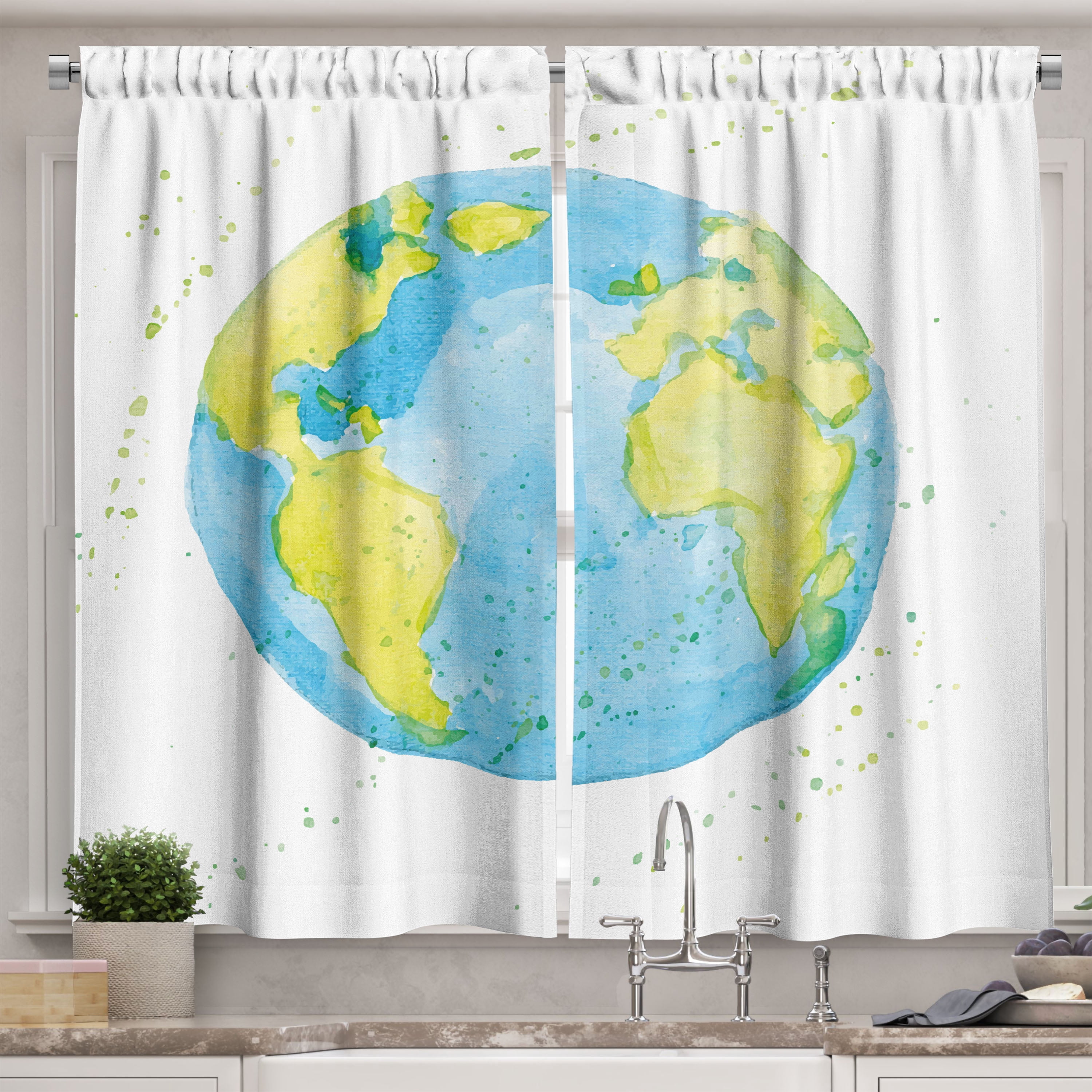 Earth Curtains 2 Panels Set, Hand Drawn Watercolor Style Earth Kids Art ...